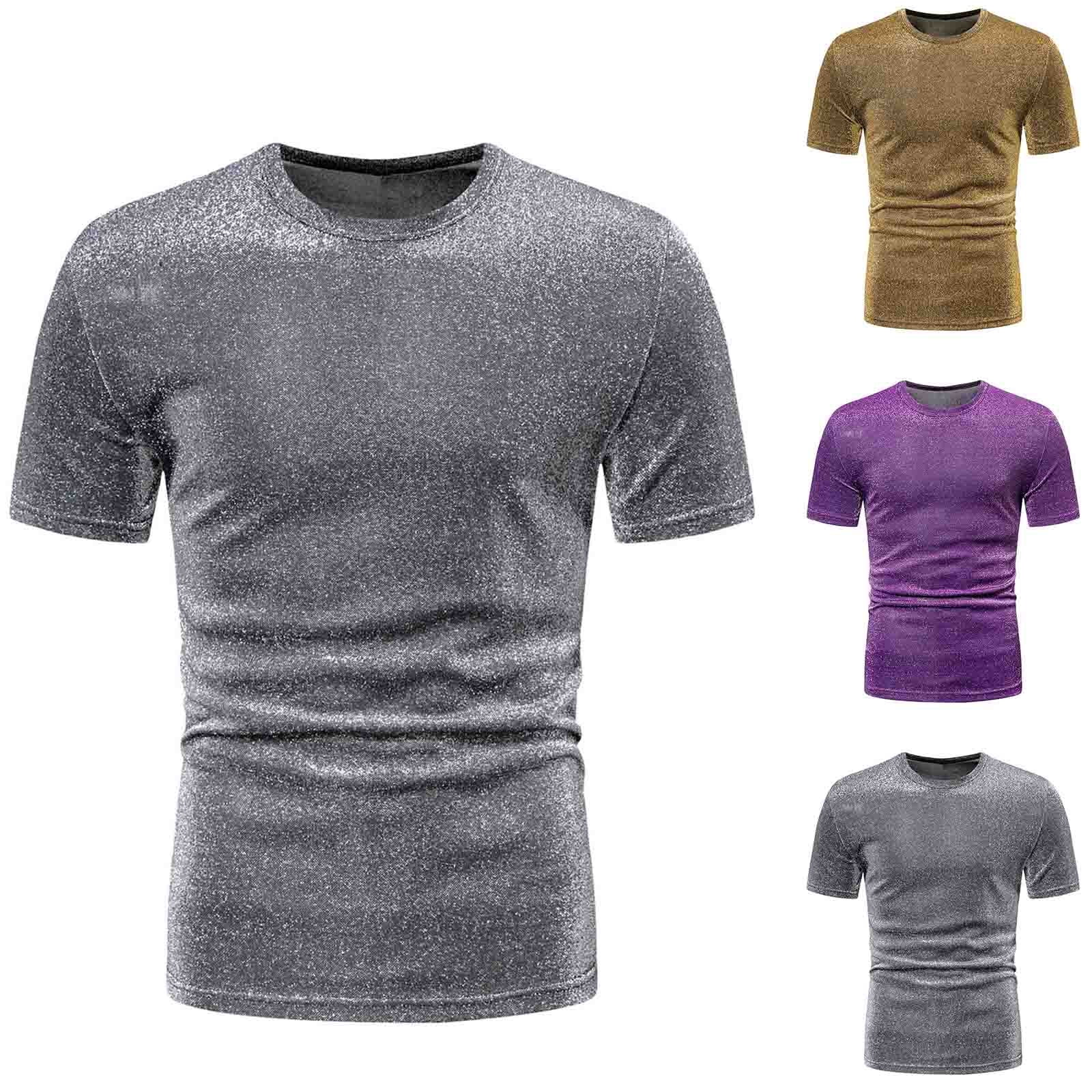 Hvyesh 2025 Men's Shiny Shirts Short Sleeve Sparkly Disco Rave Hot Tops ...