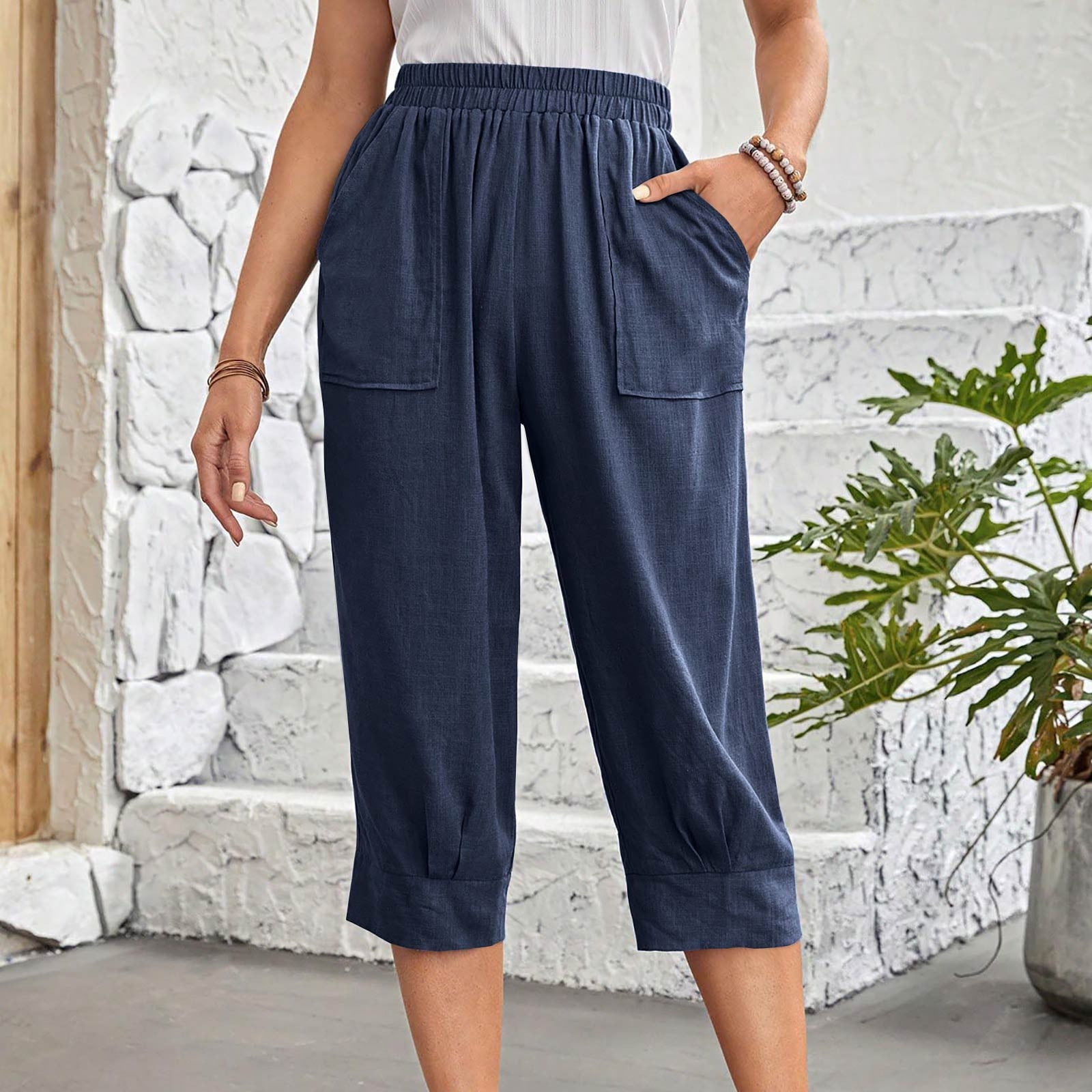 Hvyesh Beach Pants Capri Length for Women 2025 Summer Linen Capris ...