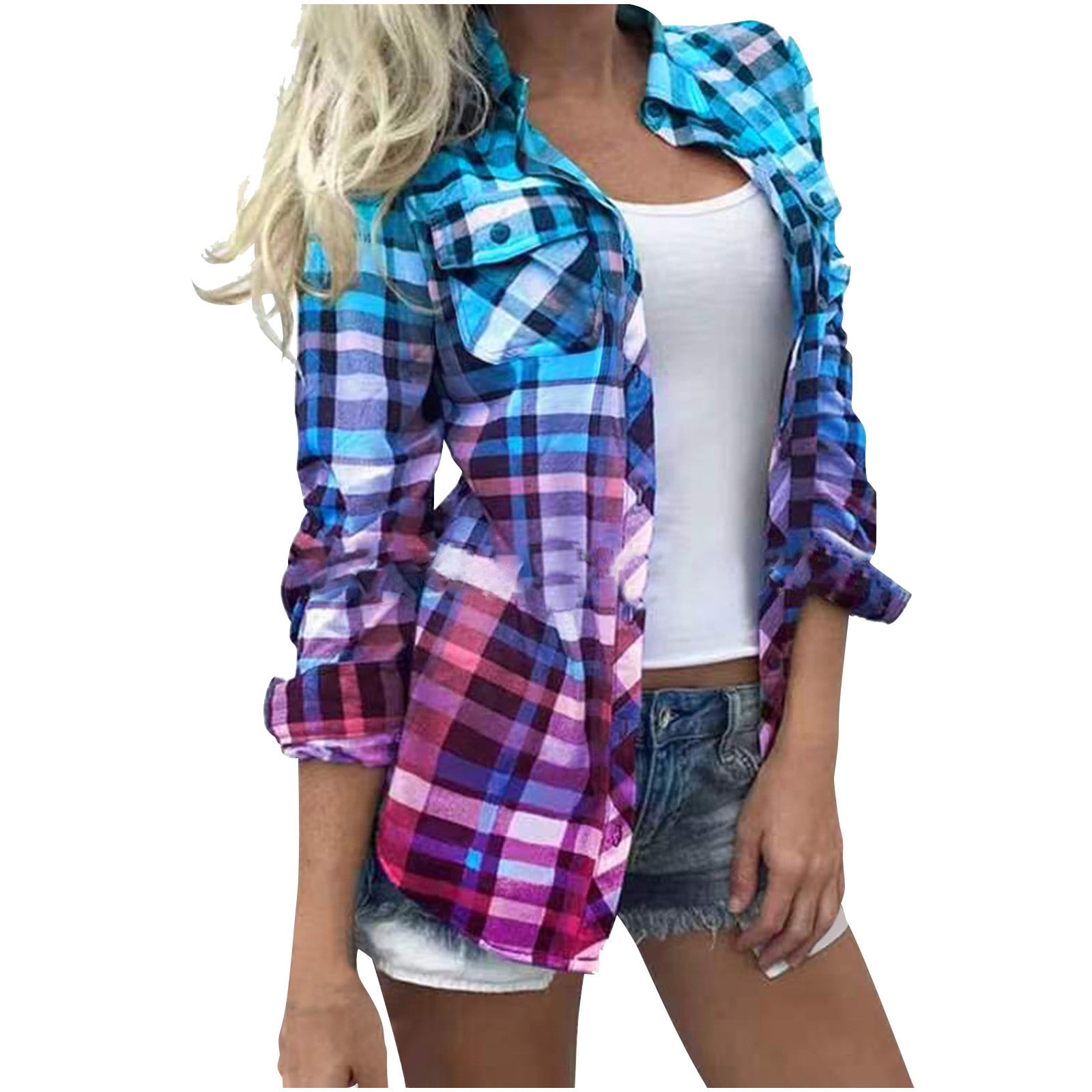 Hvyesh Button Down Shirts for Women Tie Dye Plaid Printed Tshirt ...