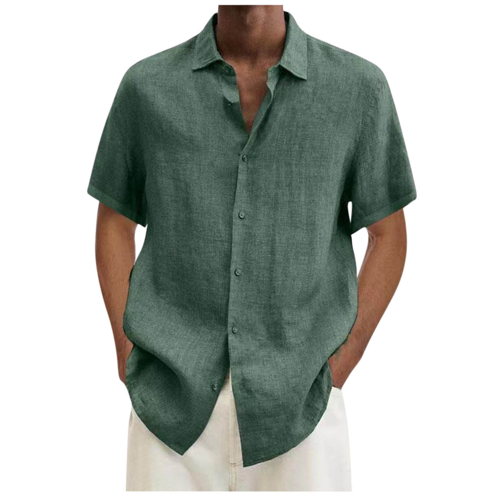 Hvyesh Cotton Linen Shirts Mens Casual Button Down T Shirts Short Sleeve Wrinkle-Resistant Dress ...