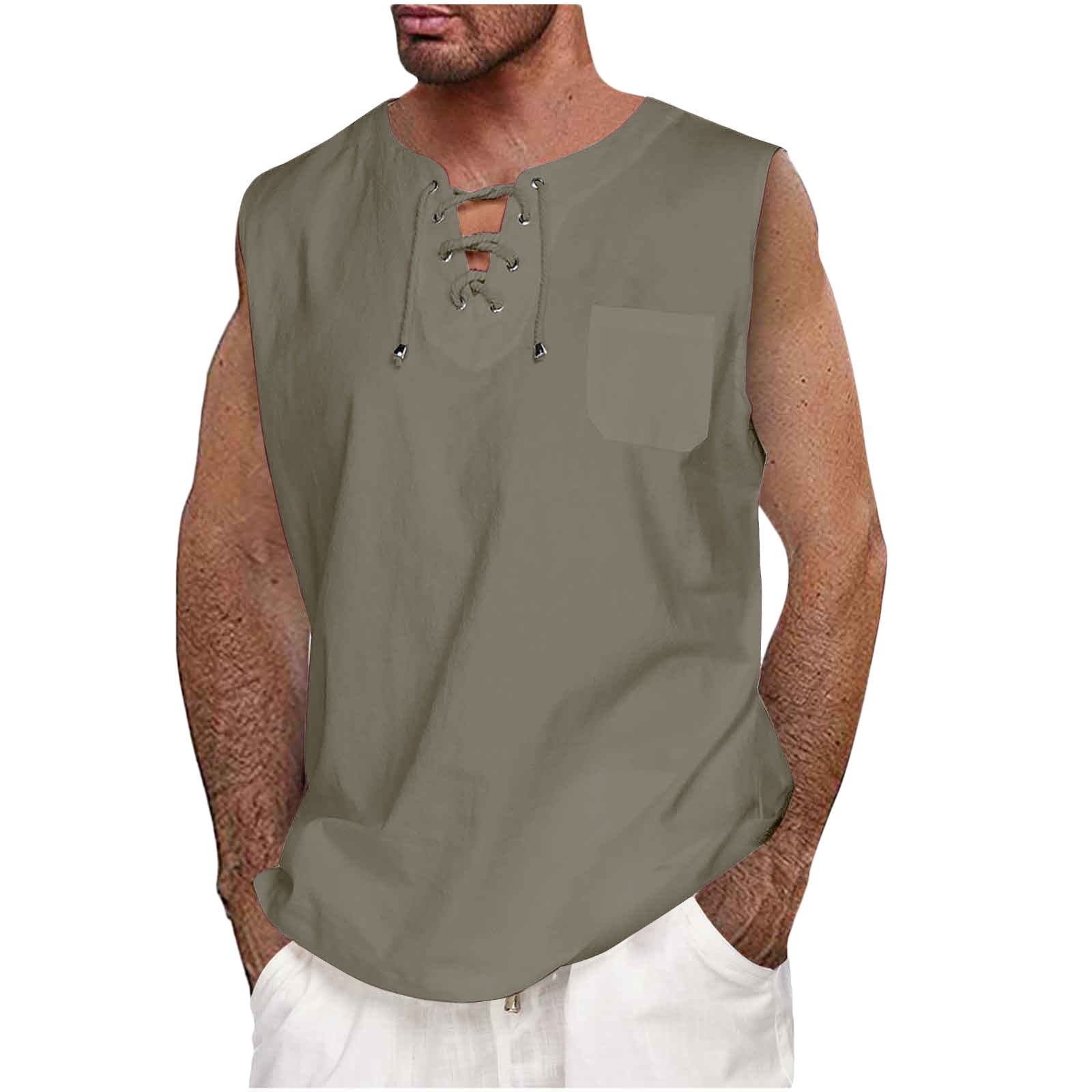 Hvyesh Men's Cotton Linen Tank Top Shirts Casual Sleeveless Lace Up ...