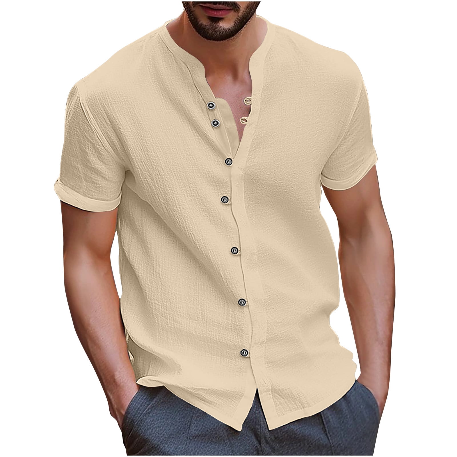 Hvyesh Mens Cuban Guayabera Linen Shirts Solid Casual Button Down Shirts Retro Short Sleeve Band ...
