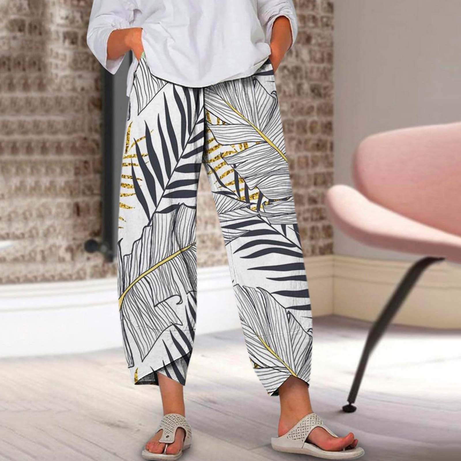 Hvyesh Cotton Linen Capri Pants Women Summer Elastic Waist Casual