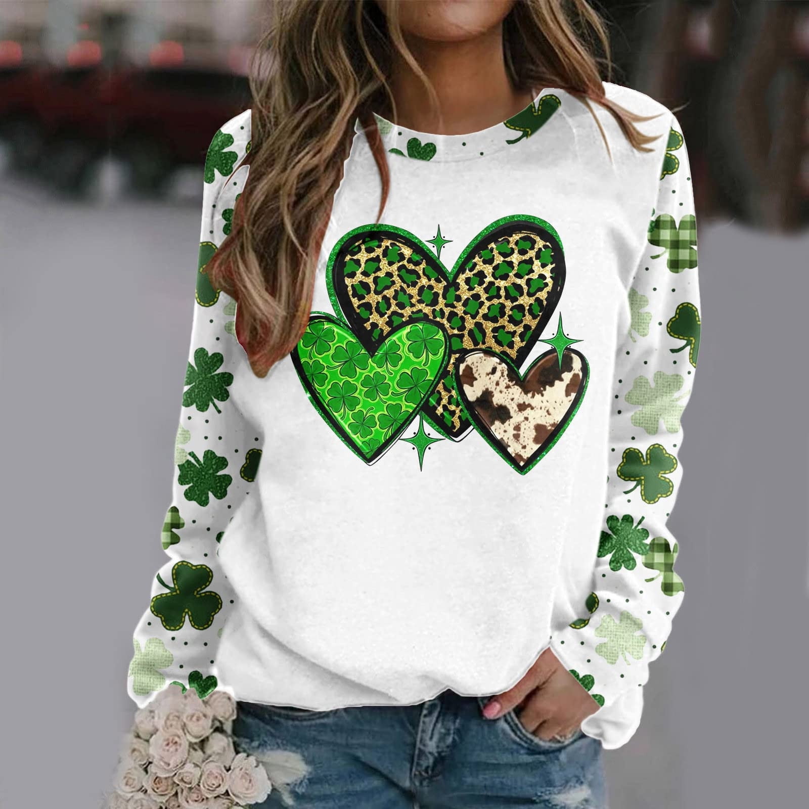 Hvyesh Holiday Clearance Women Shamrock Heart Graphic Tees Long Sleeve ...