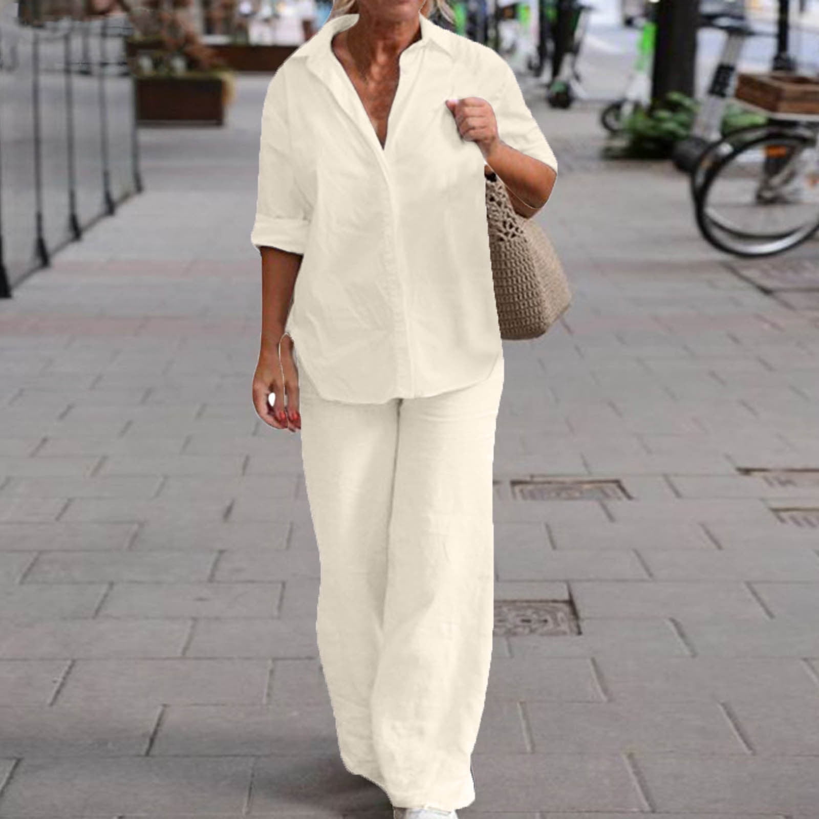 Hvyesh Linen Sets for Women 2 Piece Fashion Ladies Round Neck Solid ...