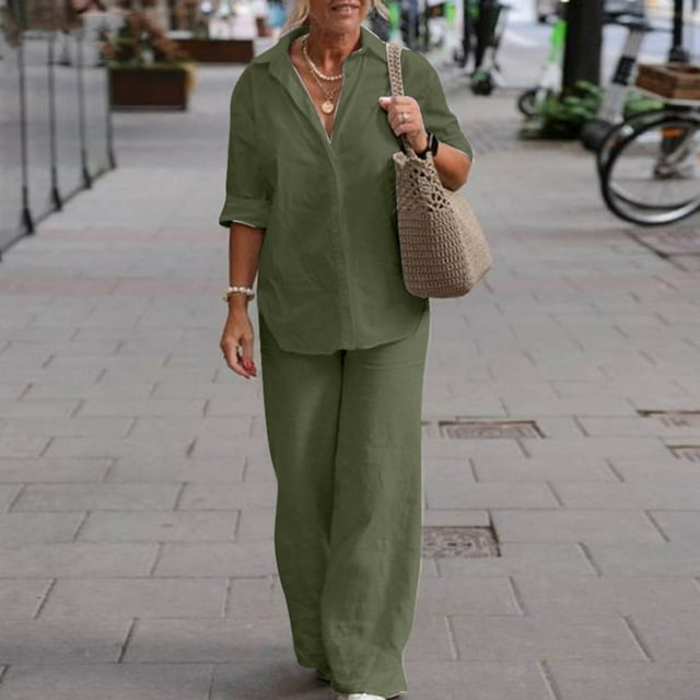 Hvyesh Linen Sets for Women 2 Piece Fashion Ladies Round Neck Solid ...