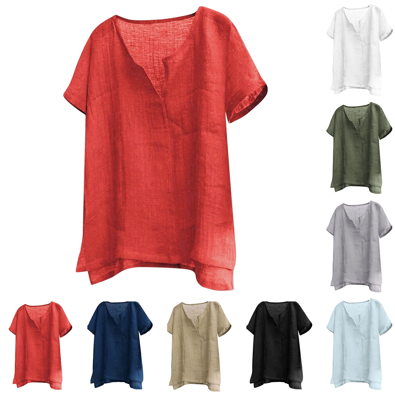 Hvyesh Linen Shirts for Men Big and Tall Summer Beach Tees Loose Vneck Short Sleeve Shirt Solid ...