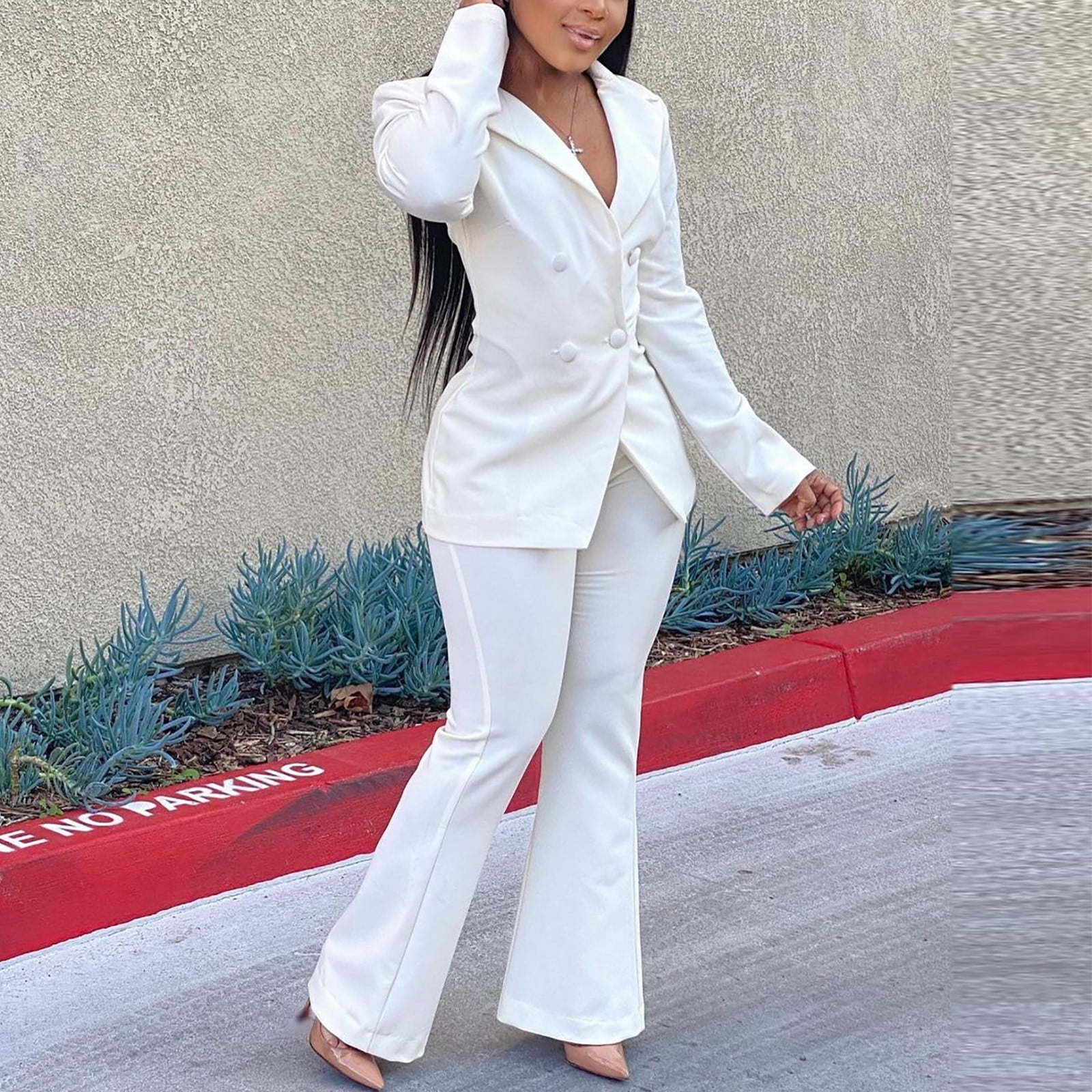 Hvyesh Long Blazer Sets Women Office 2 Piece Outfits Casual Solid Open ...