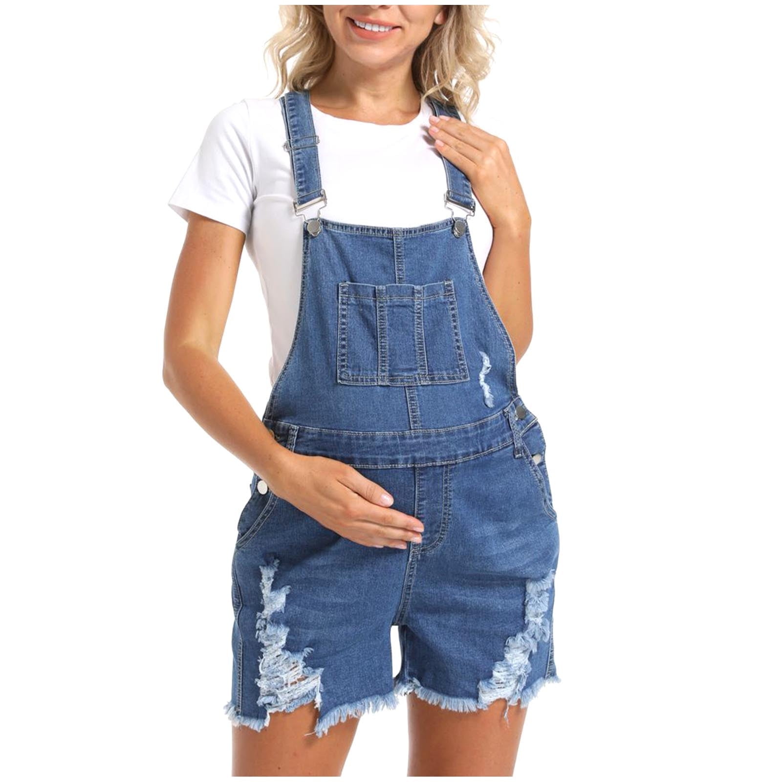 Hvyesh Maternity Overalls Shorts Ripped Hem Adjustable Straps Maternity ...