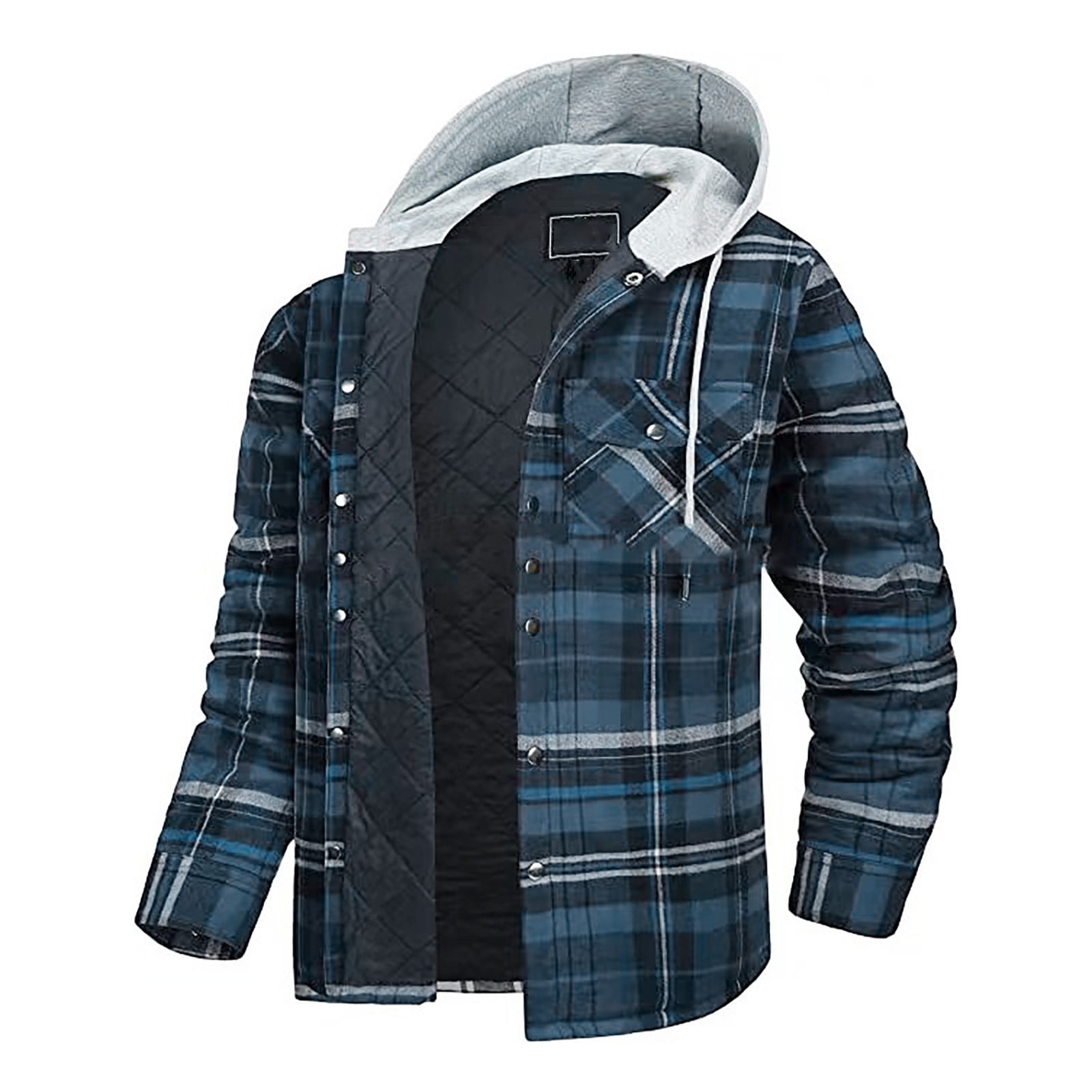 Hvyesh Men's Lined Hooded Flannel Shirt Jacket Quilted Plaid Coat Long ...
