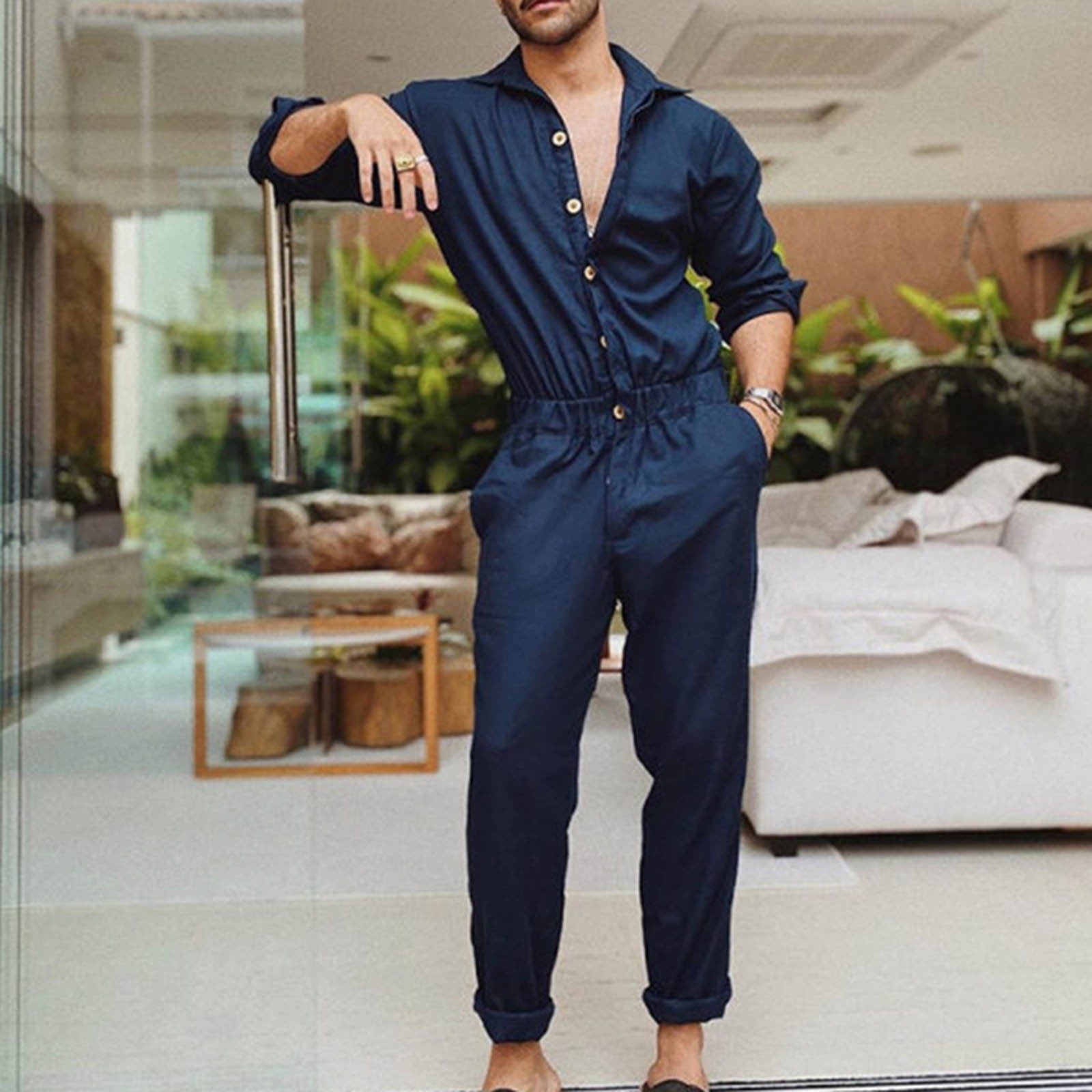 Hvyesh Men's Long-Sleeve Work Jumpsuit Buttons Shirt Speedsuit Casual ...