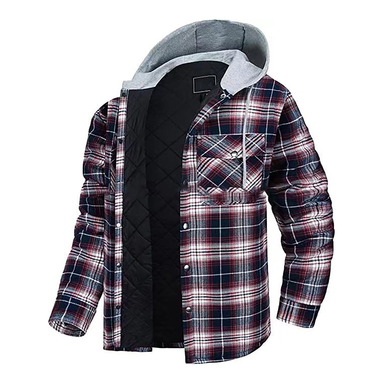 Hvyesh Men's Quilted Lined Flannel Shirt Jacket with Hood Long Sleeve ...