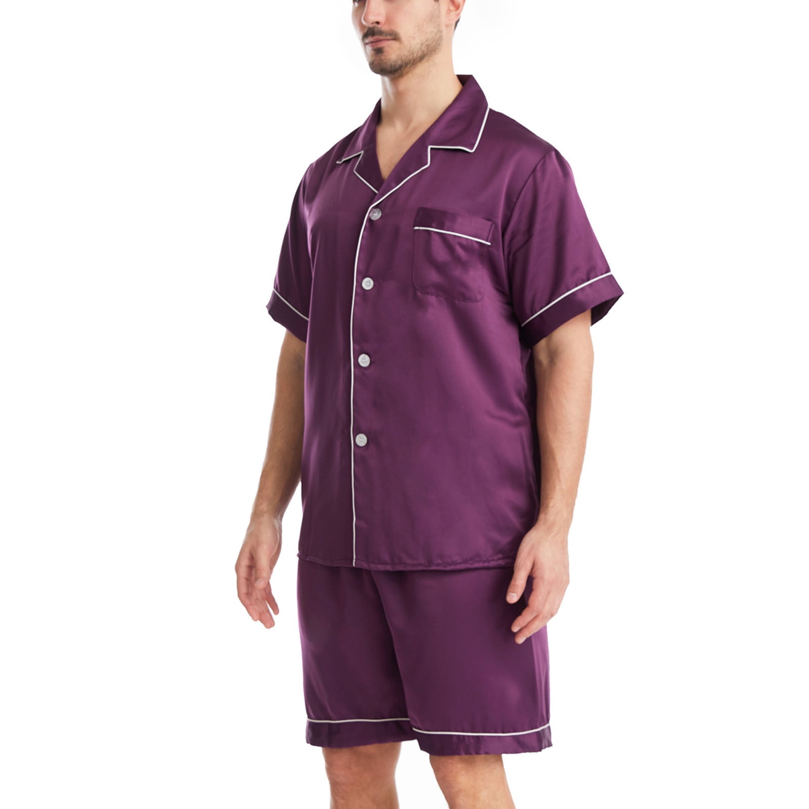 Hvyesh Men's Silk Pajamas Set Satin Button Down Short Sleeve Shirt ...