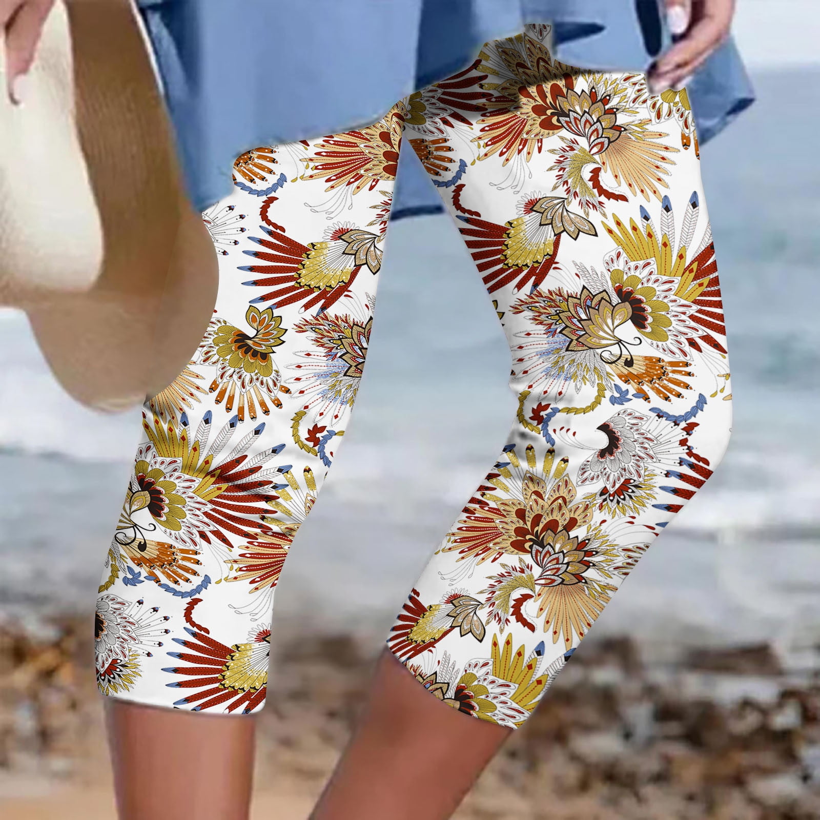 Hvyesh Plus Size Capris Pants Ladies Cute Floral Print High Waist ...