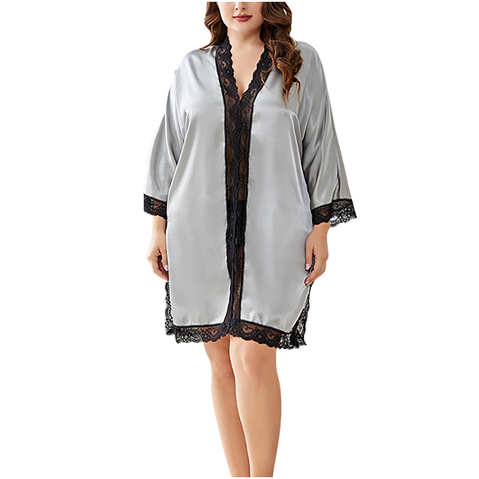 Hvyesh Plus Size Women's V Neck Silk Nightgown Loose Fit Button Down ...