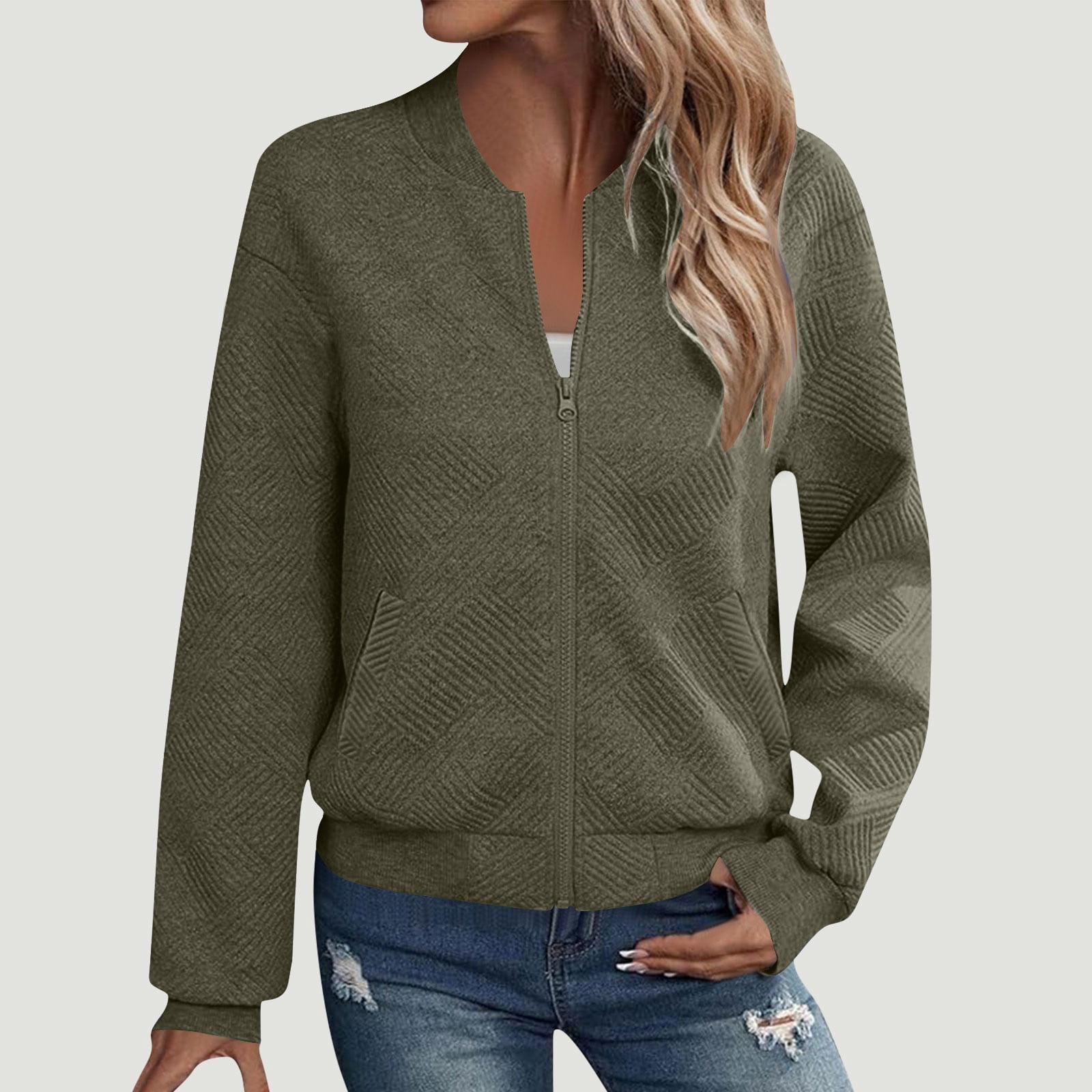 Hvyesh Women Bomber Jacket Textured Zip Up Casual Coats Lightweight ...