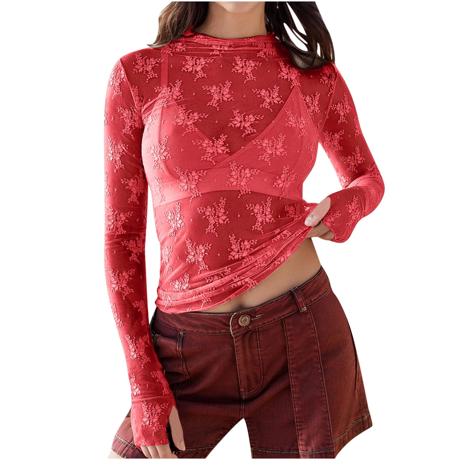 Hvyesh Women Mesh Tops Sexy Long Sleeve Mock Neck Sheer Blouse Lace ...