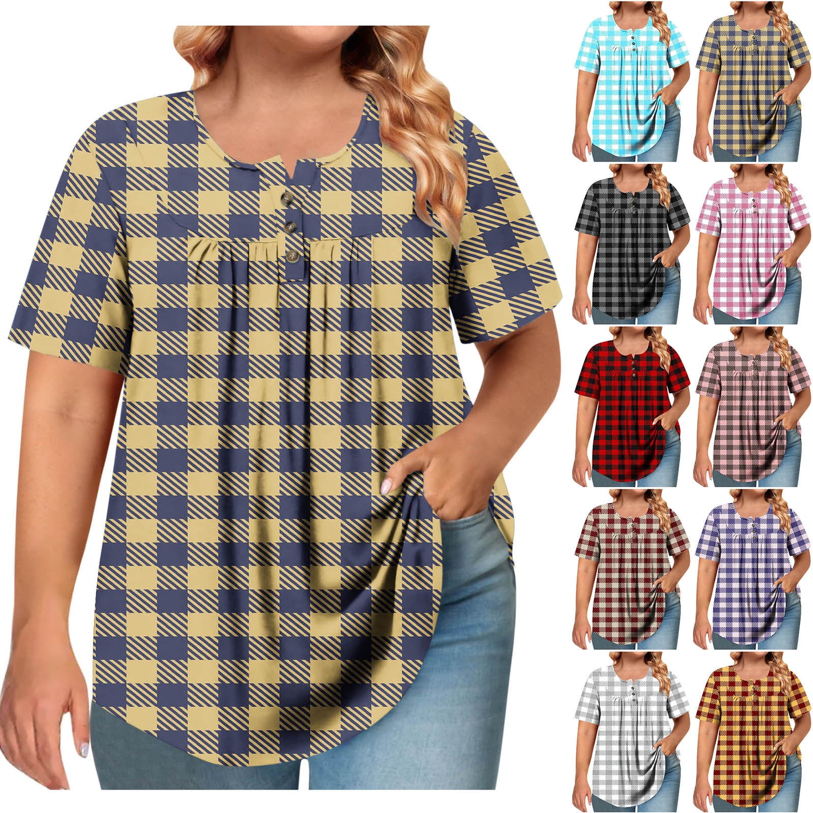 Hvyesh Women Plus Size Tops Crew Neck Button Up T Shirts Plaid Color ...