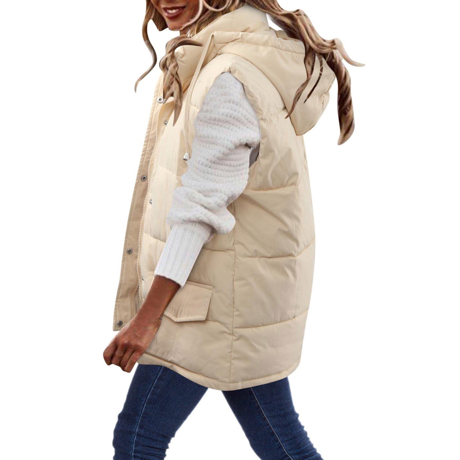 Hvyesh Women Puffer Hooded Vest Soft Sleeveless Long Quilted Vests Coat Warm Zip Up Snap Button ...