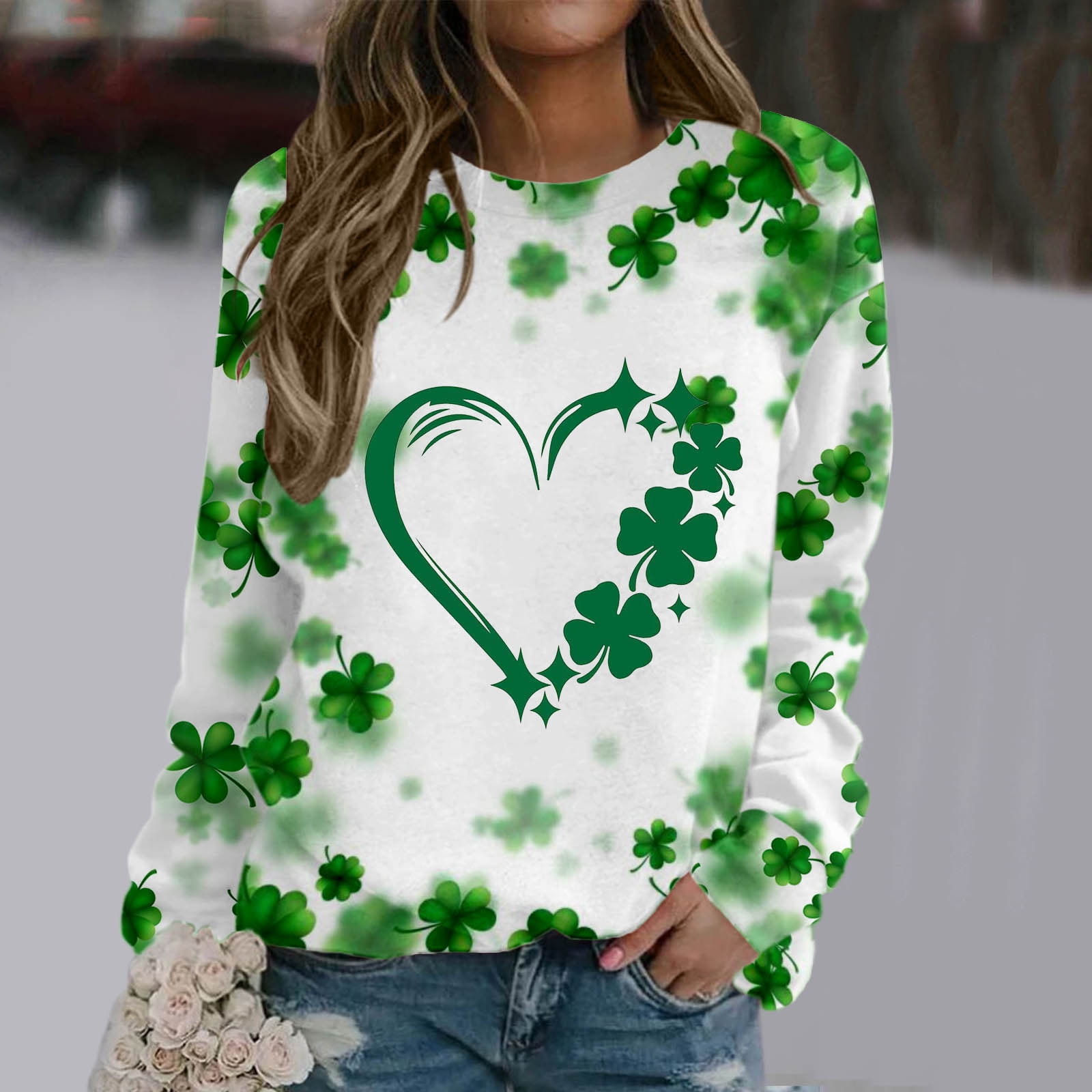 Hvyesh Women Shamrock Heart Graphic Tees Long Sleeve St Patty's Lucky T ...
