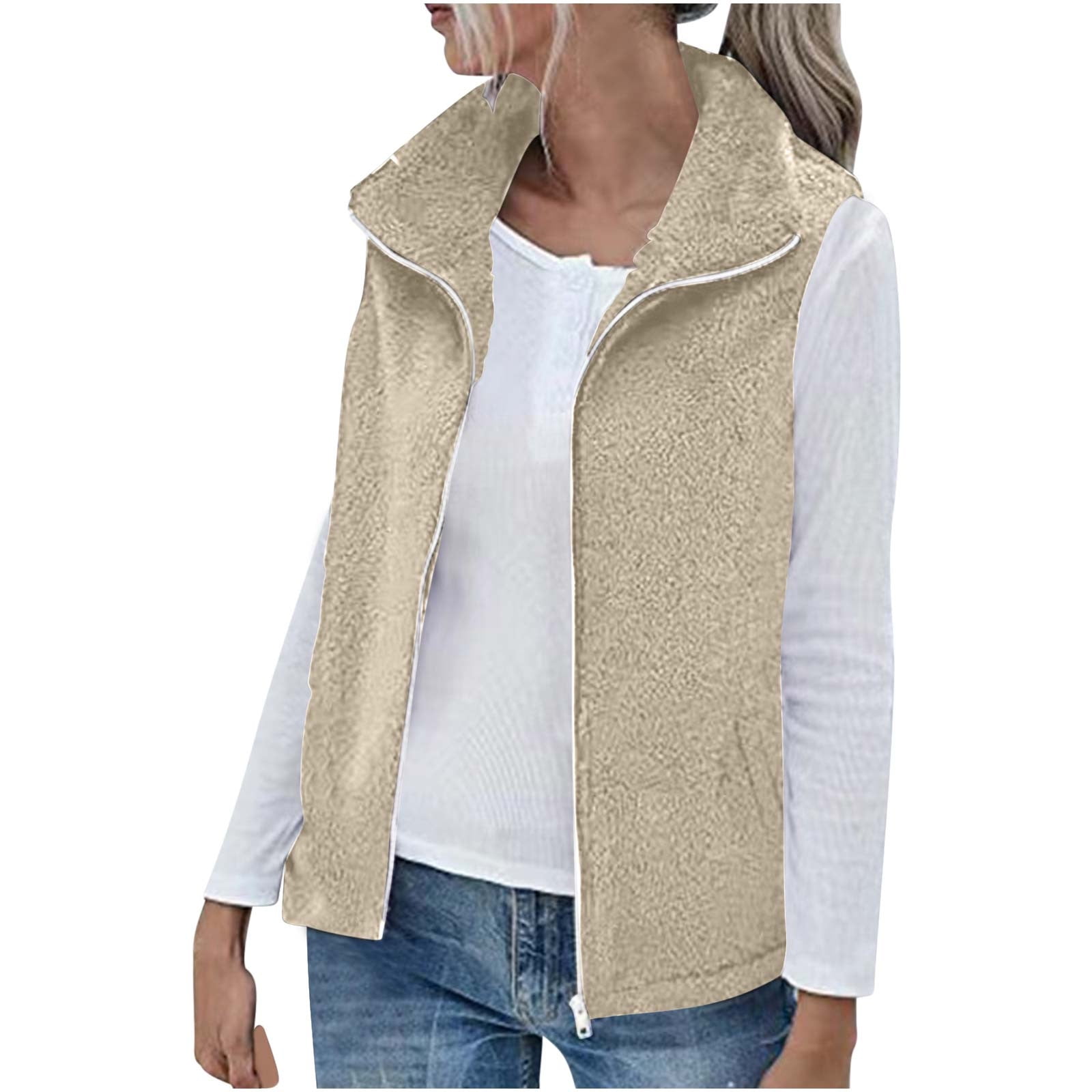 Hvyesh Women's Fleece Vest Soft Sleeveles Zip up Stand-up Collar Waistcoat Casual Solid Fuzzy ...