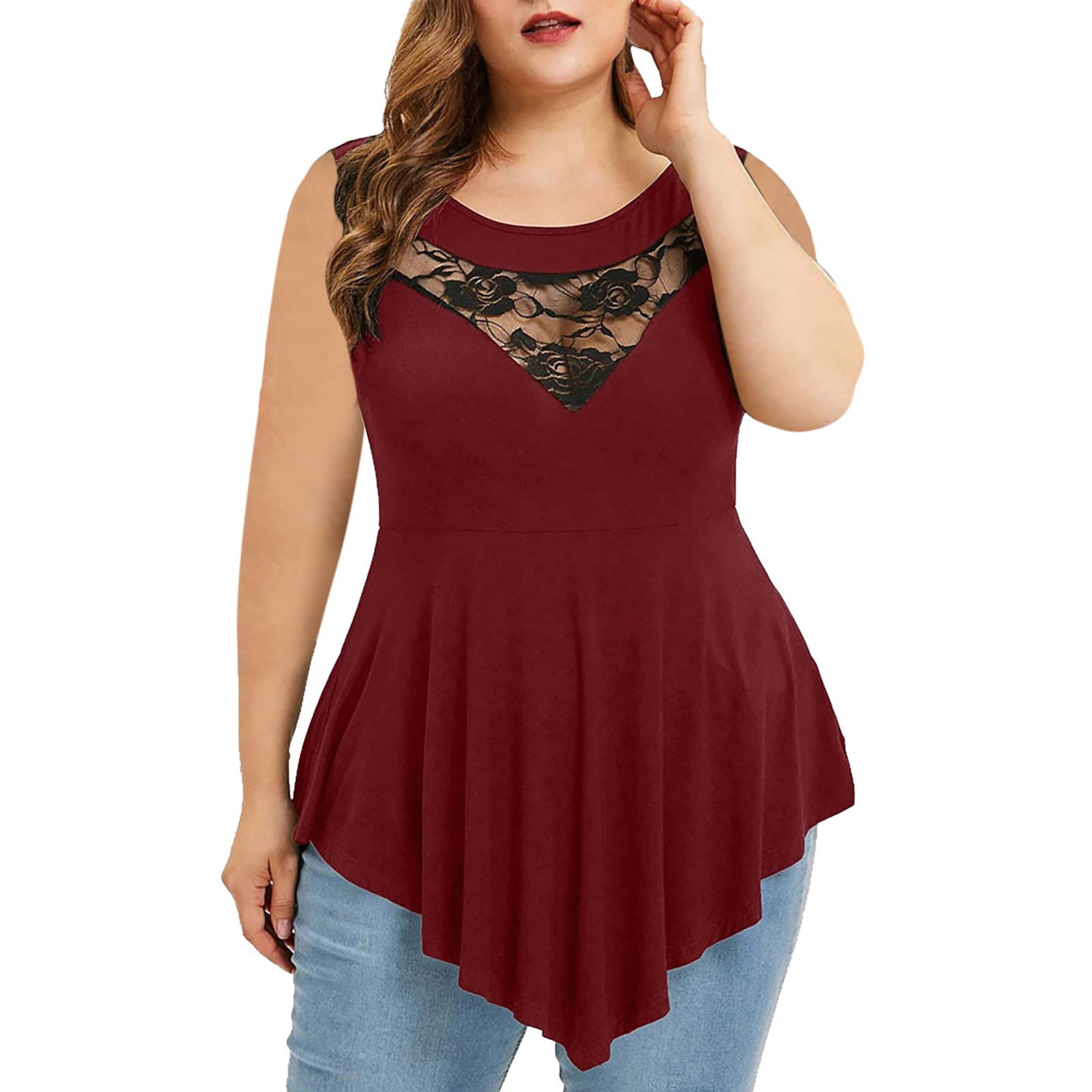 Hvyesh Women's Plus Size Lace up Ribbed Tank Tops Casual Sleeveless T ...