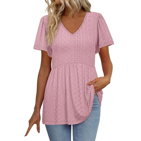 Hvyesh Women's Summer Short Sleeve Babydoll Tops Cute V Neck T Shirts ...