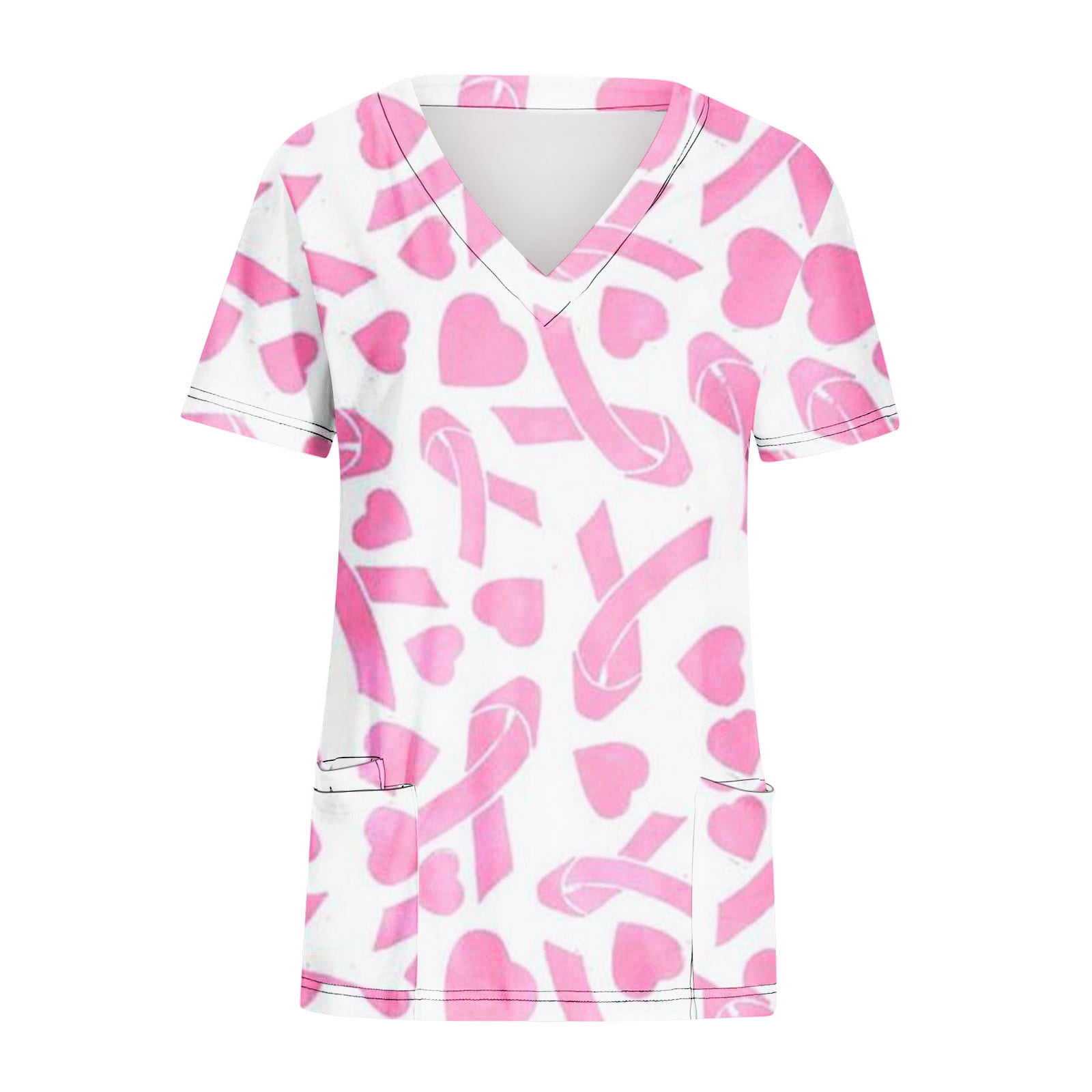 Hvyesh Womens Breast Cancer Scrubs Pink Ribbon Graphic Tee V-Neck Short ...