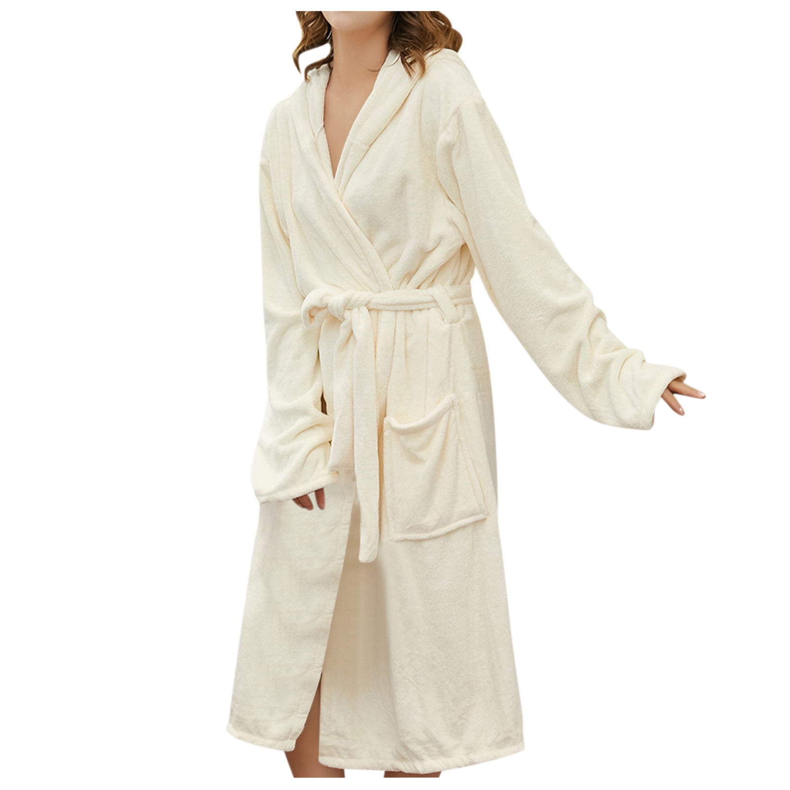 Hvyesh Womens Fuzzy Plush Long Hooded Bathrobe Mid Length Terry Cloth ...