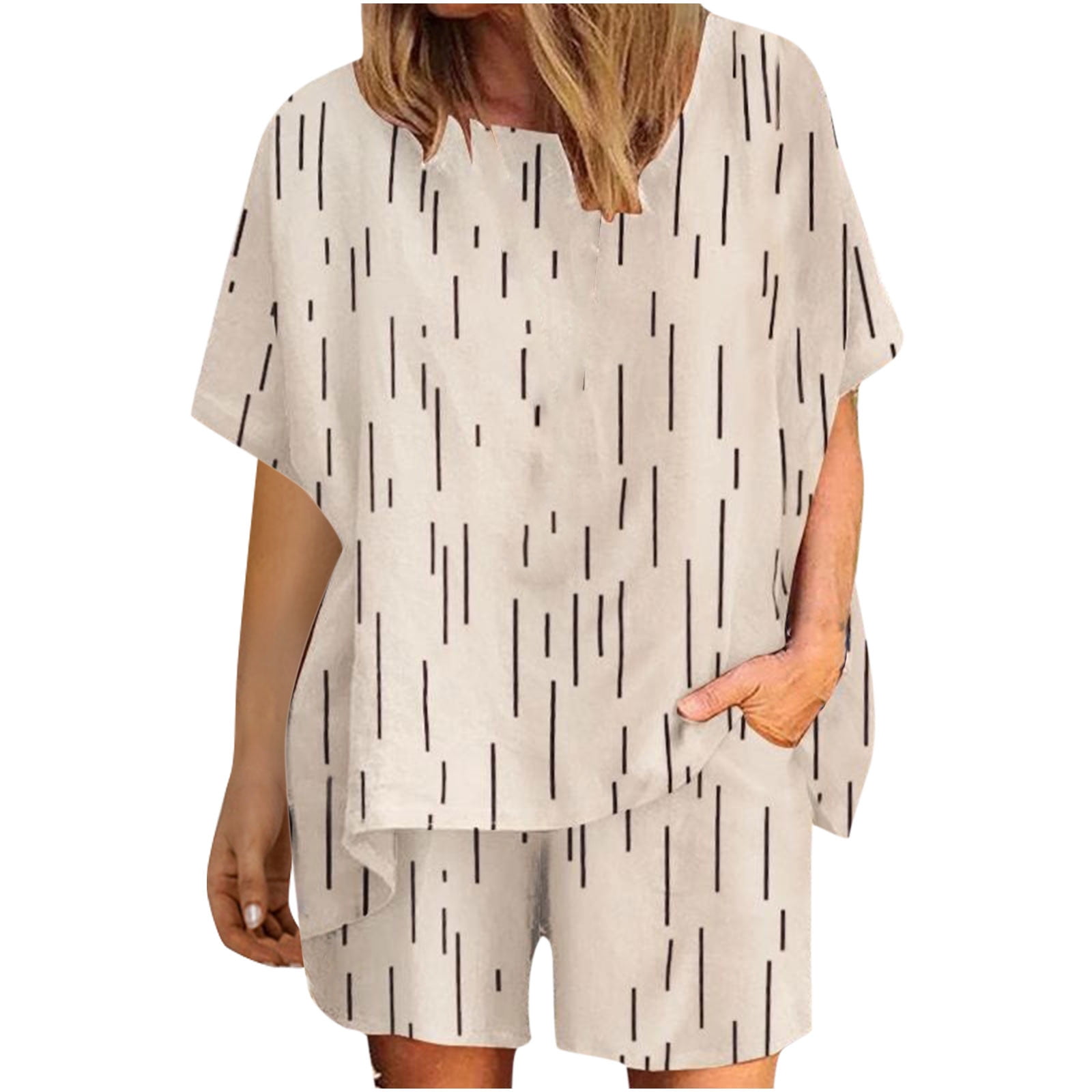 Hvyesh Womens Linen 2 Piece Sets, Summer Round Neck Short Sleeve Tops ...