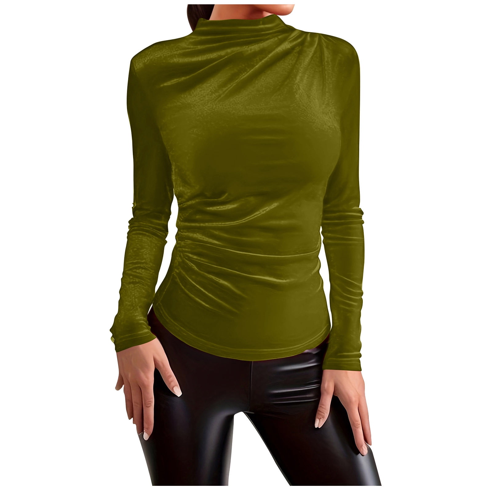 Hvyesh Womens Mock Neck Velvet Tops Elegant Long Sleeve Solid Shirts ...