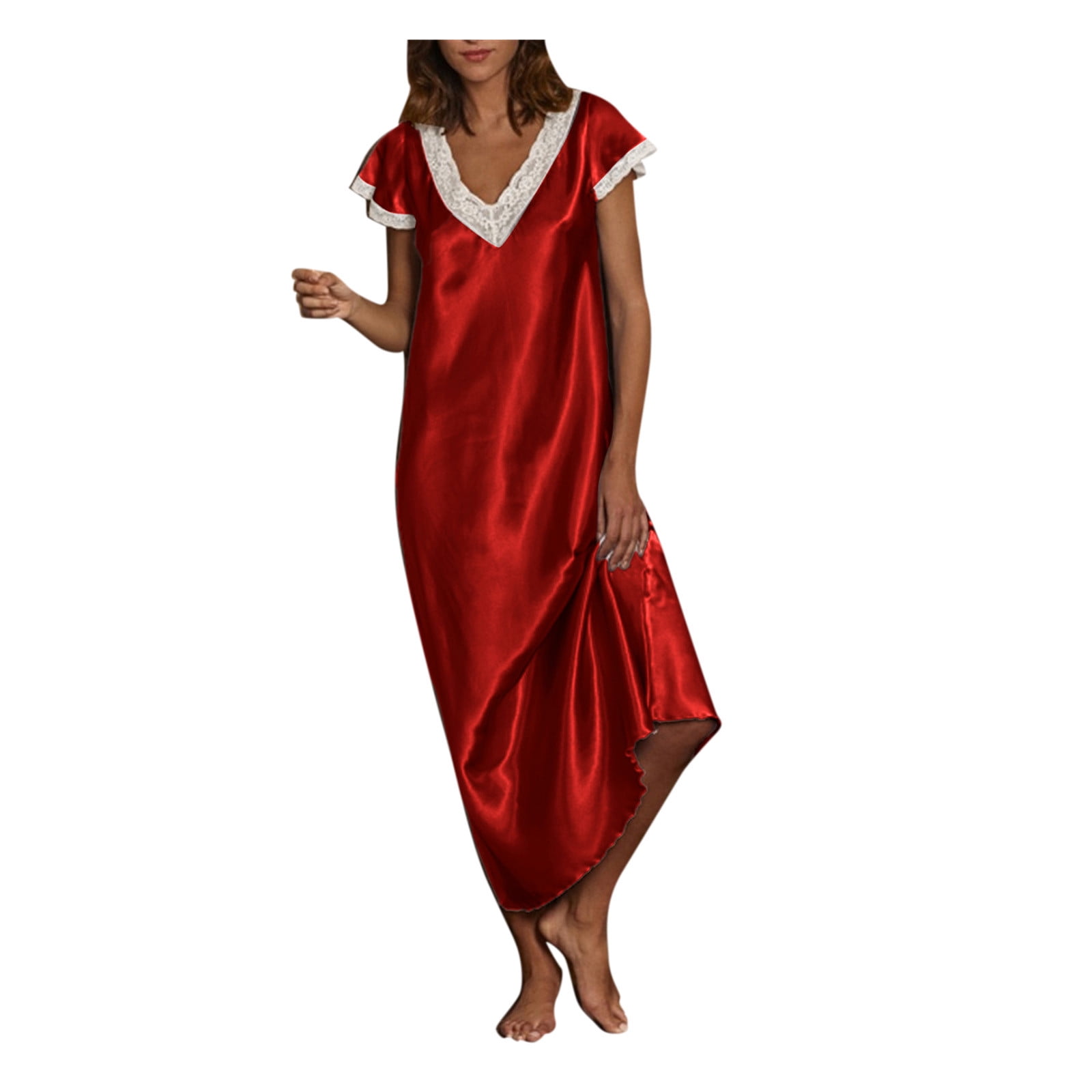 Hvyesh Womens Nightgown Long Satin Nightshirt Lace Short Sleeve Full ...