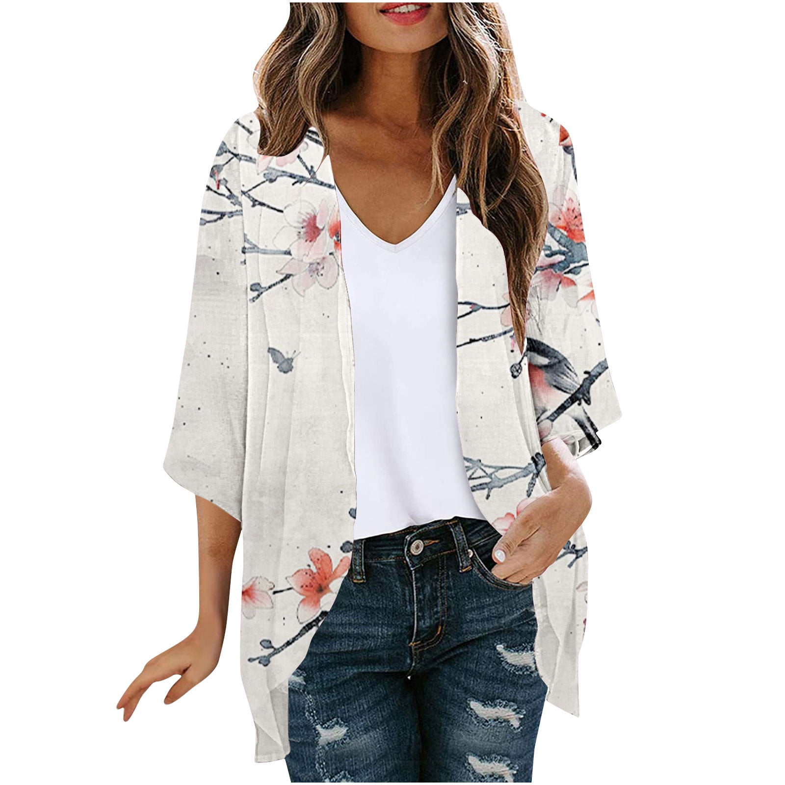 Hvyesh Womens Open Front Cardigan Lightweight Chiffon 3/4 Sleeve ...