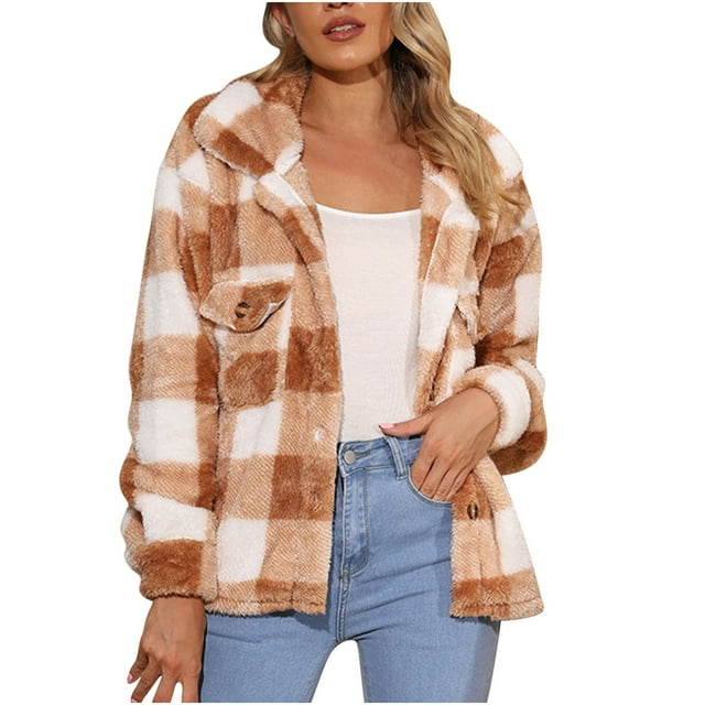 Hvyesh Womens Sherpa Lined Flannel Jacket Lapel Button Down Fleece ...
