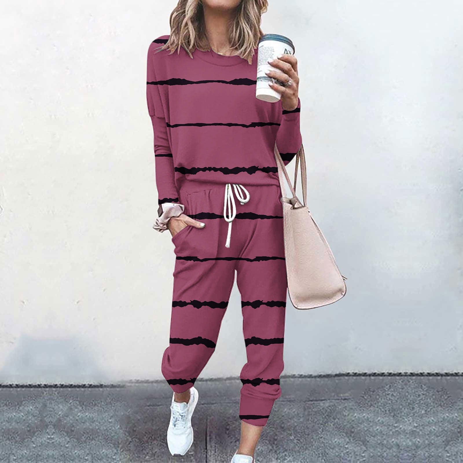 Hvyesh Womens Stripe Two Piece Outfits Long Sleeve Crewneck Pullover ...