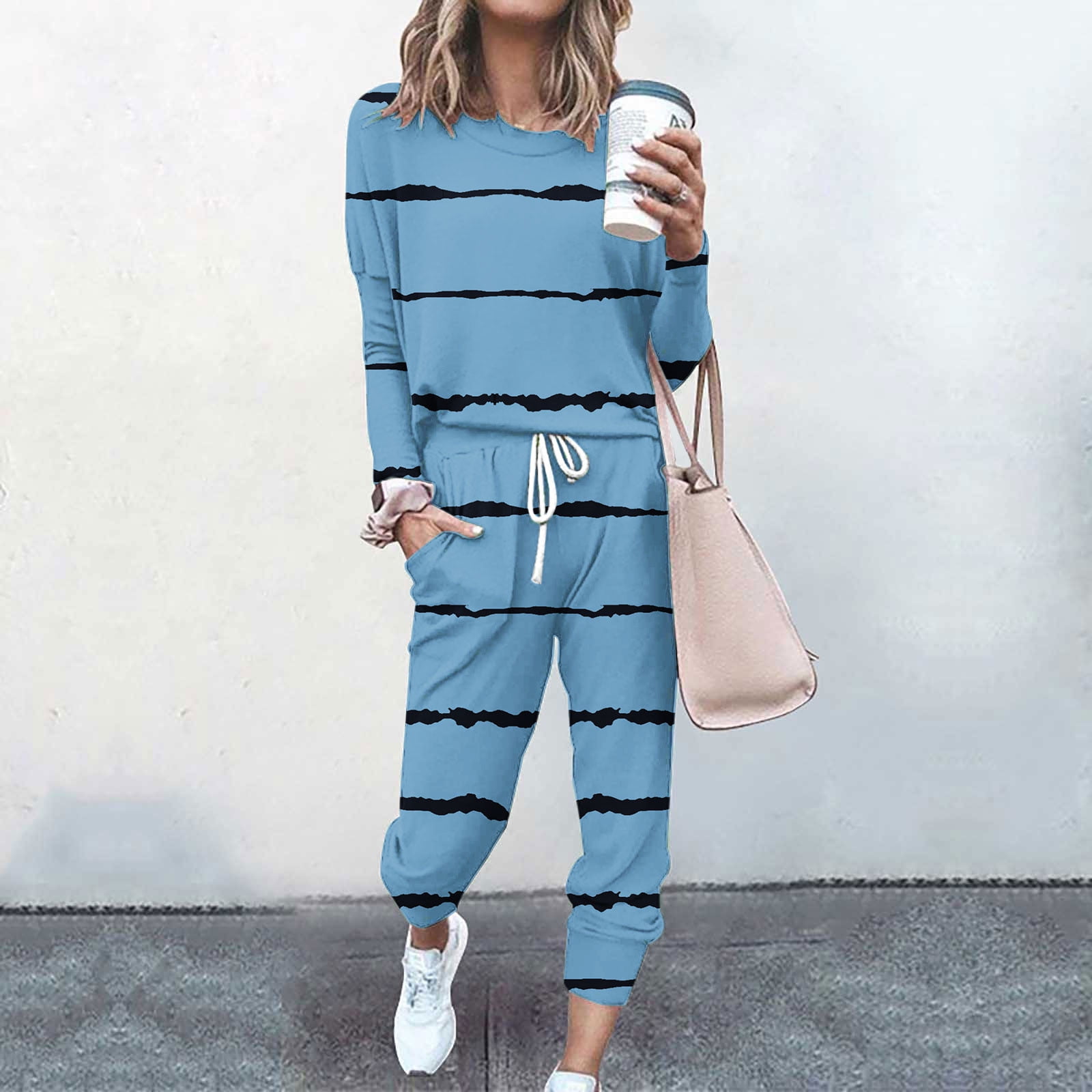 Hvyesh Womens Stripe Two Piece Outfits Long Sleeve Crewneck Pullover ...