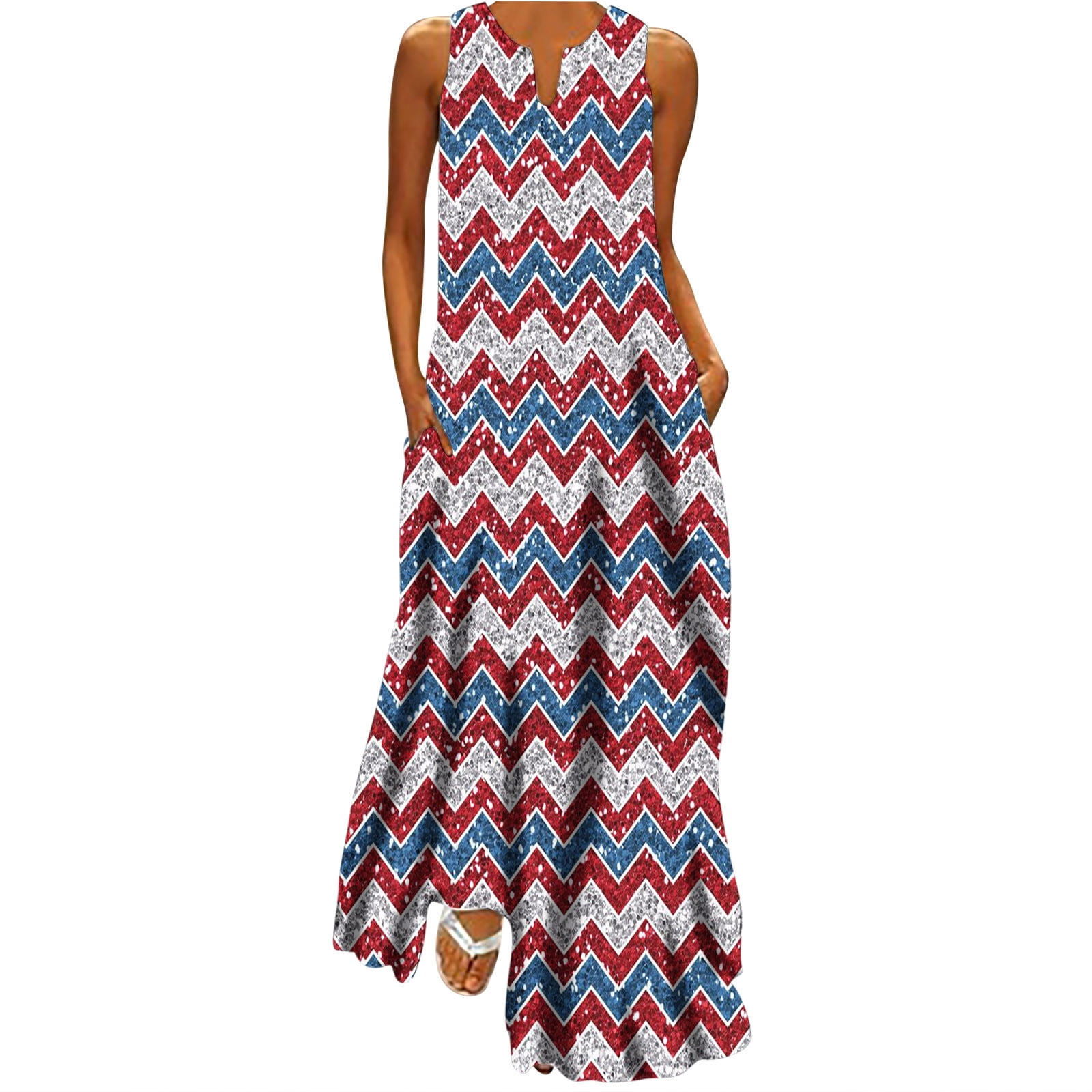 Hvyesh Womens Summer Dresses Plus Size Boho Maxi Dress Stars And Stripes Pattern Round Neck
