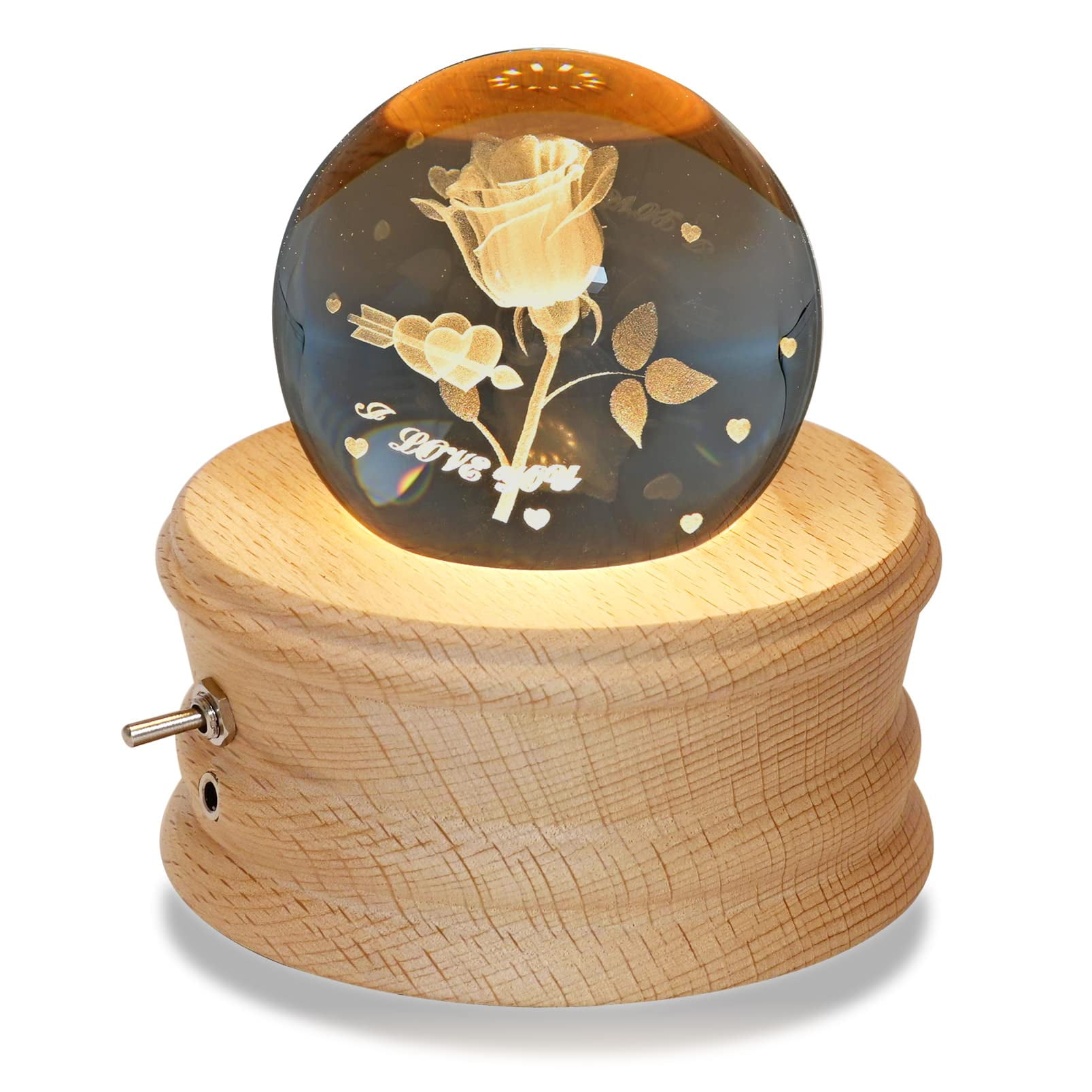 Hwawhin 3D Crystal Ball Music Box, LED Floodlight Luxury Wooden Bedside ...