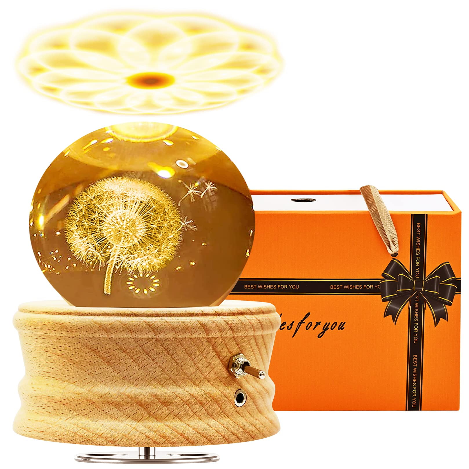 Hwawhin 3D Crystal Ball Music Box, LED Floodlight Luxury Wooden Bedside ...