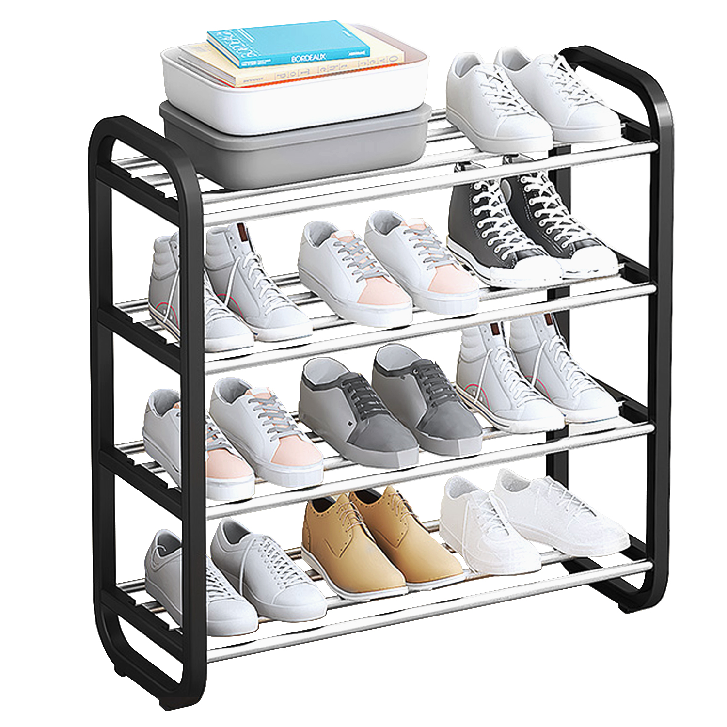Mainstays 4-Tier Shoe Rack Black Rod, Steel Powder Coating Silver, up ...