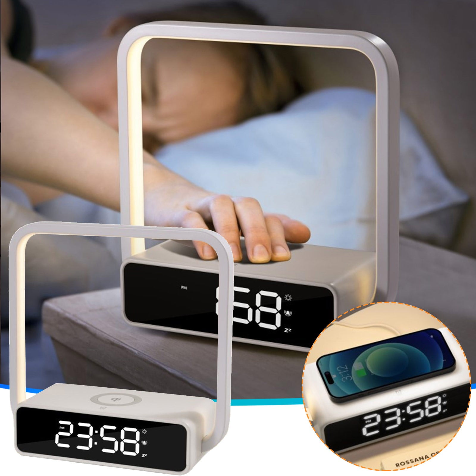 Desk Lamp, Wireless Charging Bedside Lamp LED Clock Table Lamp 3-speed ...