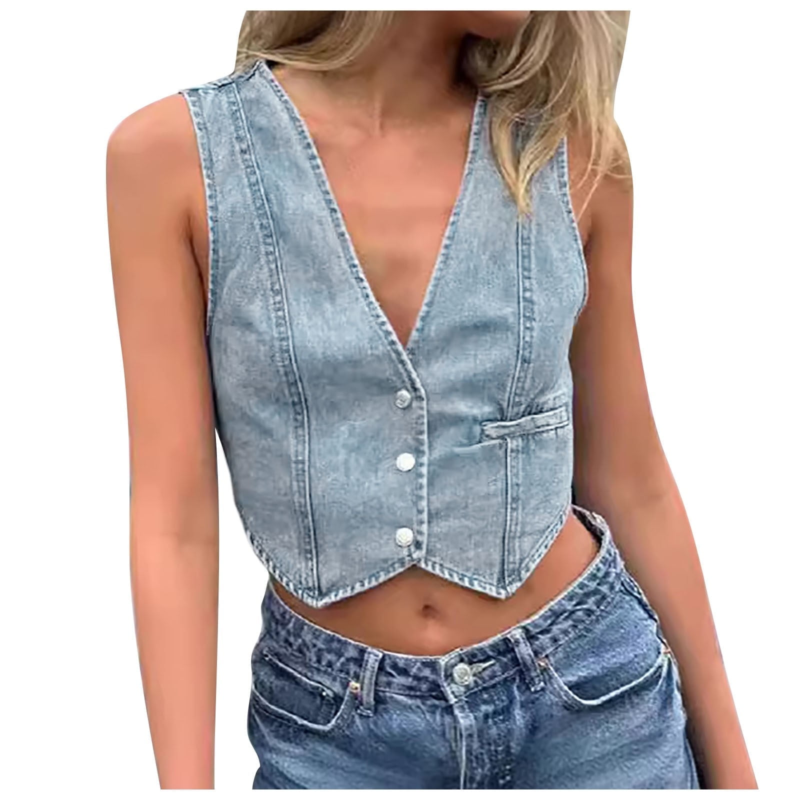 Hwmodou Denim Waistcoat For Women Womens Sleeveless Sexy V Neck Button ...