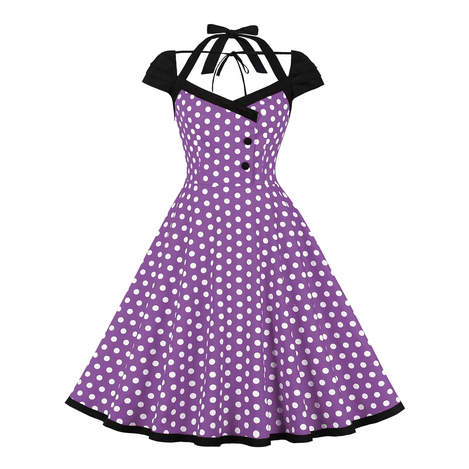Hwmodou Female Dresses Polka Dot Printed Floral Women Vintage Style Belted Waist Neck A Line