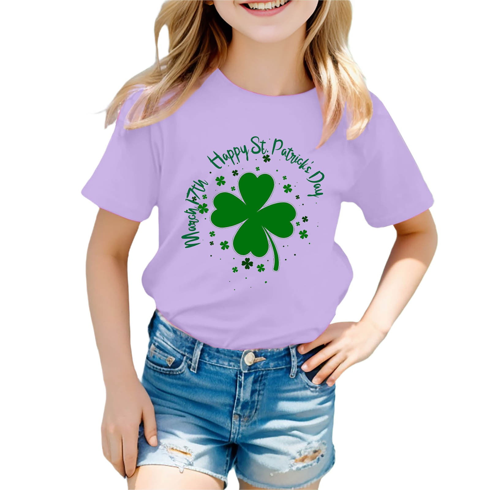 Hwmodou Girls Cotton Clover Theme Print Kids Loose Spring T-Shirts ...