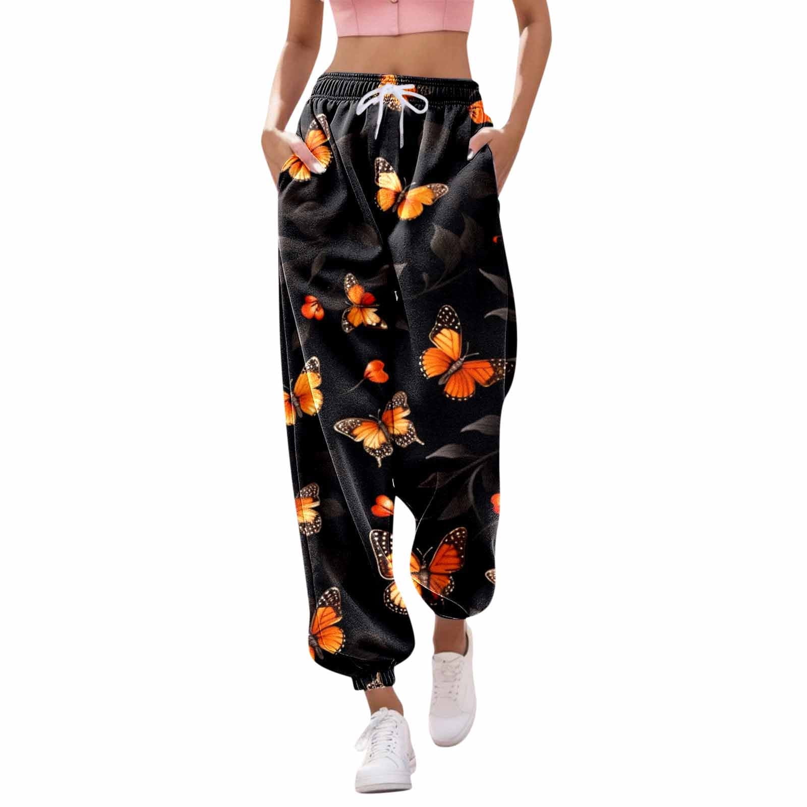 Hwmodou Ladies Pants Butterfly Printed High Waisted Jogger Bottom Sweat ...