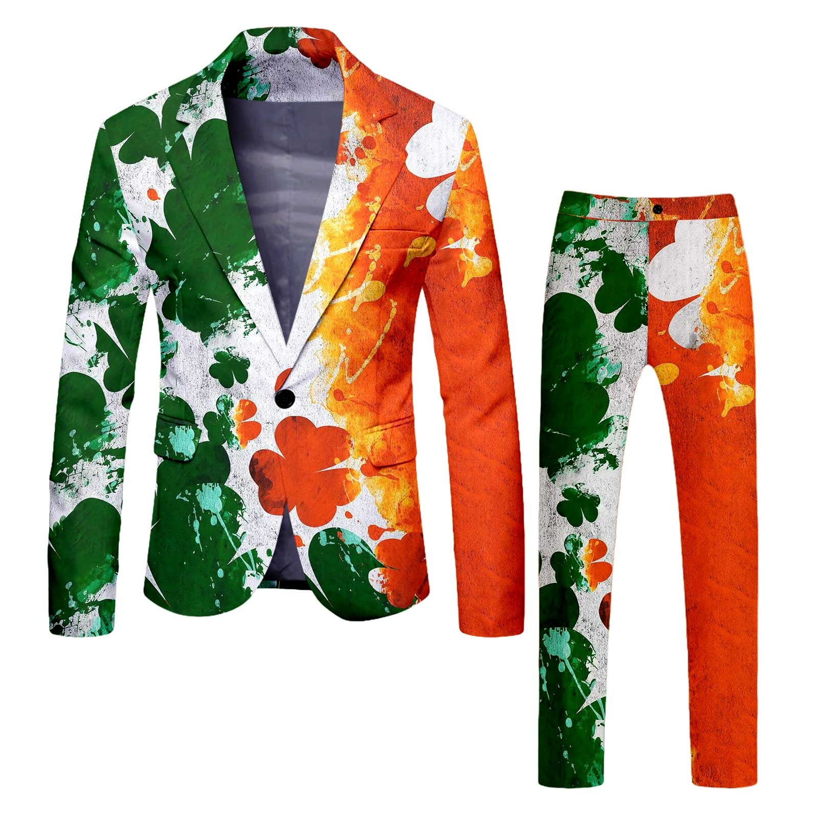 Hwmodou Men Disco Outfits Mens St Pat Day Suit 2PCS Suit Four Leaf Gold ...