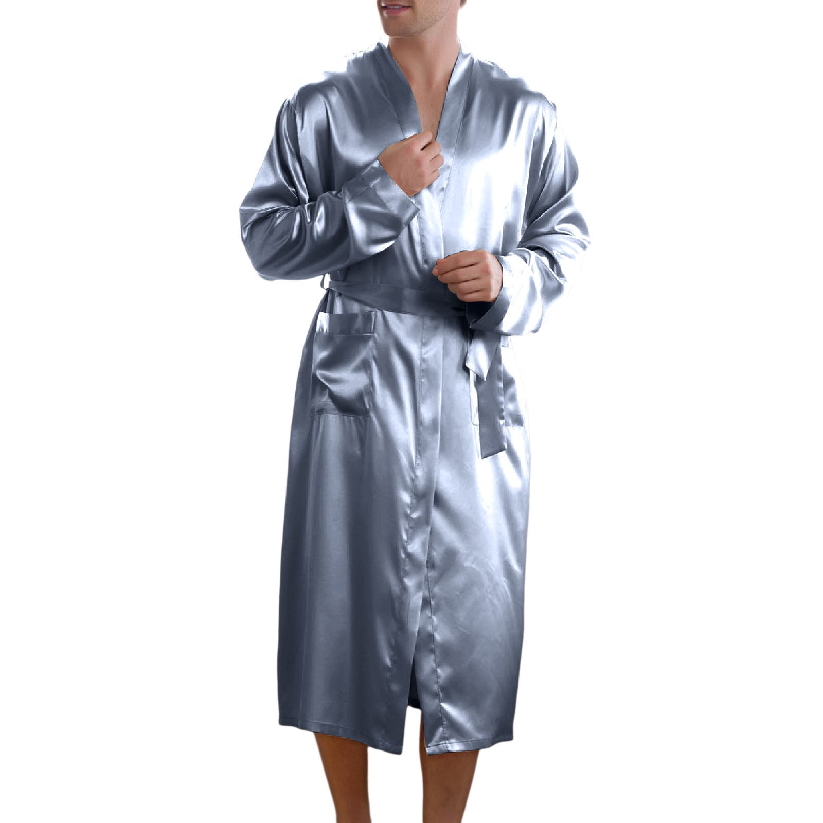 Hwmodou Mens Satin Robes Men Bath Long Cardigan Imitation Silk ...