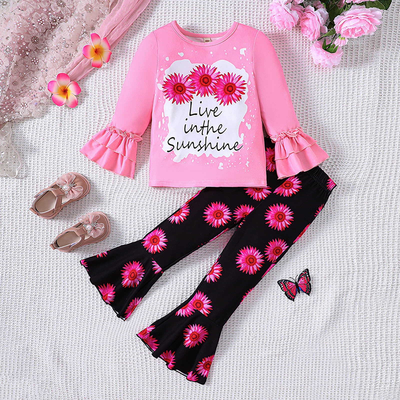 Hwmodou Toddler Girl Clothes Sets Toddler Girls Long Sleeve Cartoon Flower Prints Tops Pants ...