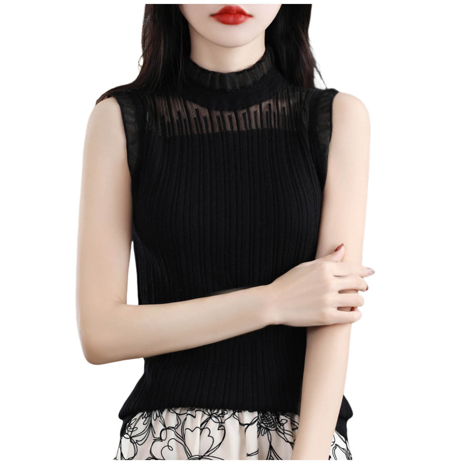 Hwmodou Women Tanks Tops French Gentle Style Worsted Wool Short Sleeved