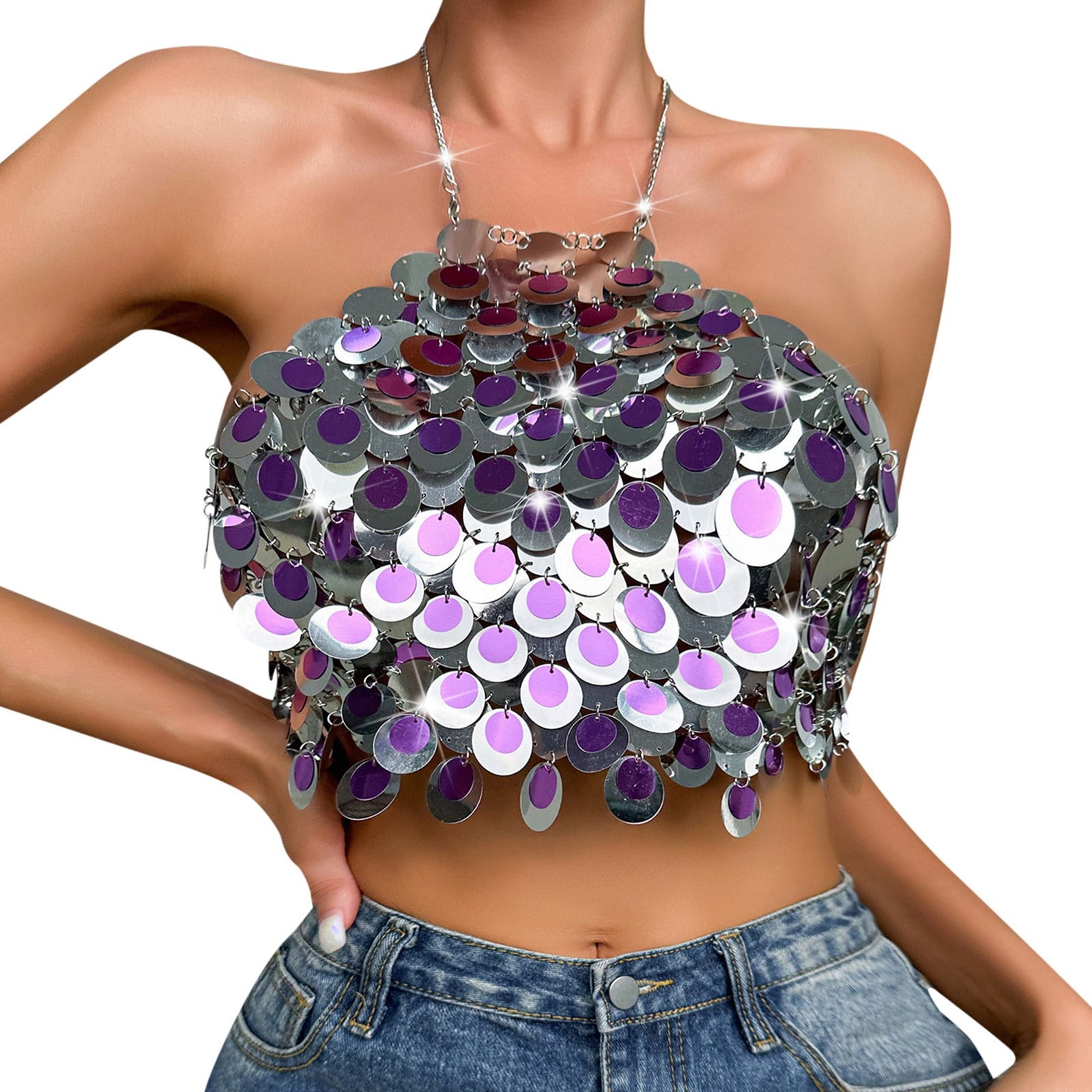 Hwmodou Women Tanks Tops Womens Sexy Contrast Color Beaded Halter Neck